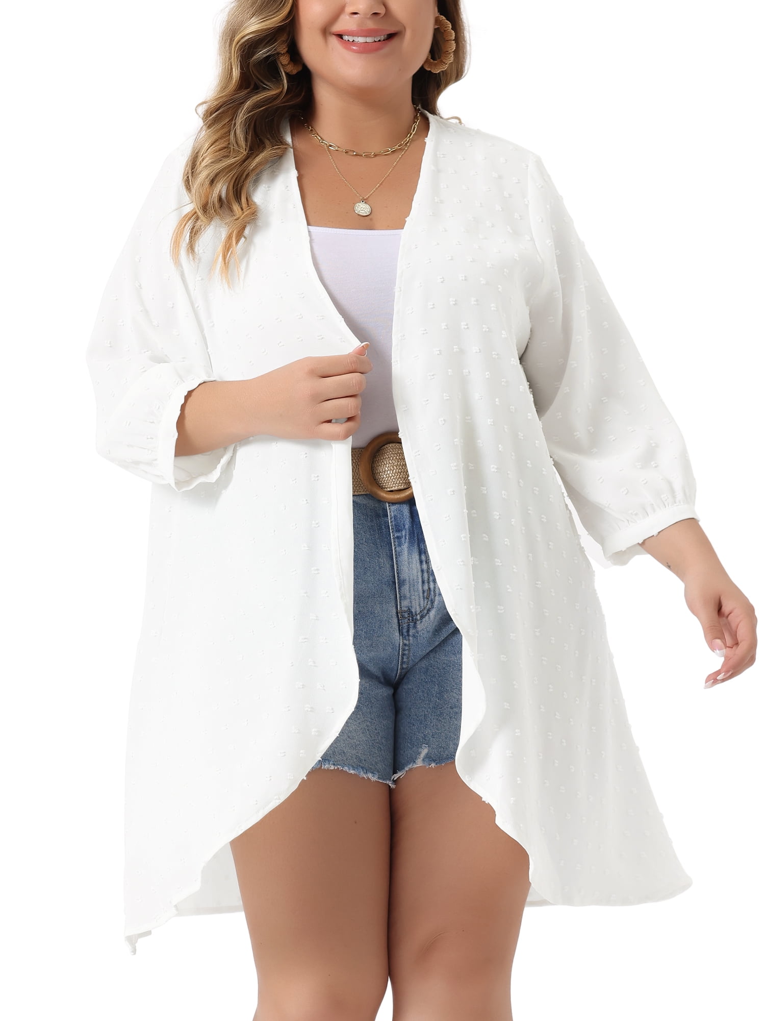 Unique Bargains Plus-Size Lightweight White Openwork Cardigan 4X with ...