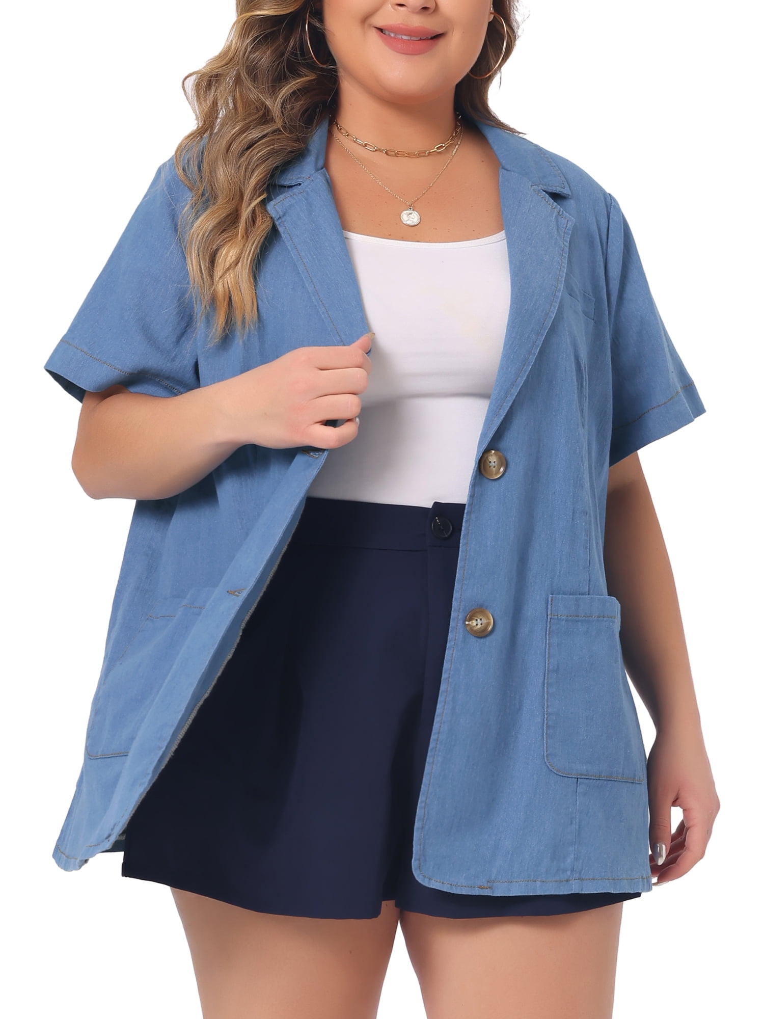 Unique Bargains Women Plus Size Denim Shirt Short Sleeve Button Down ...