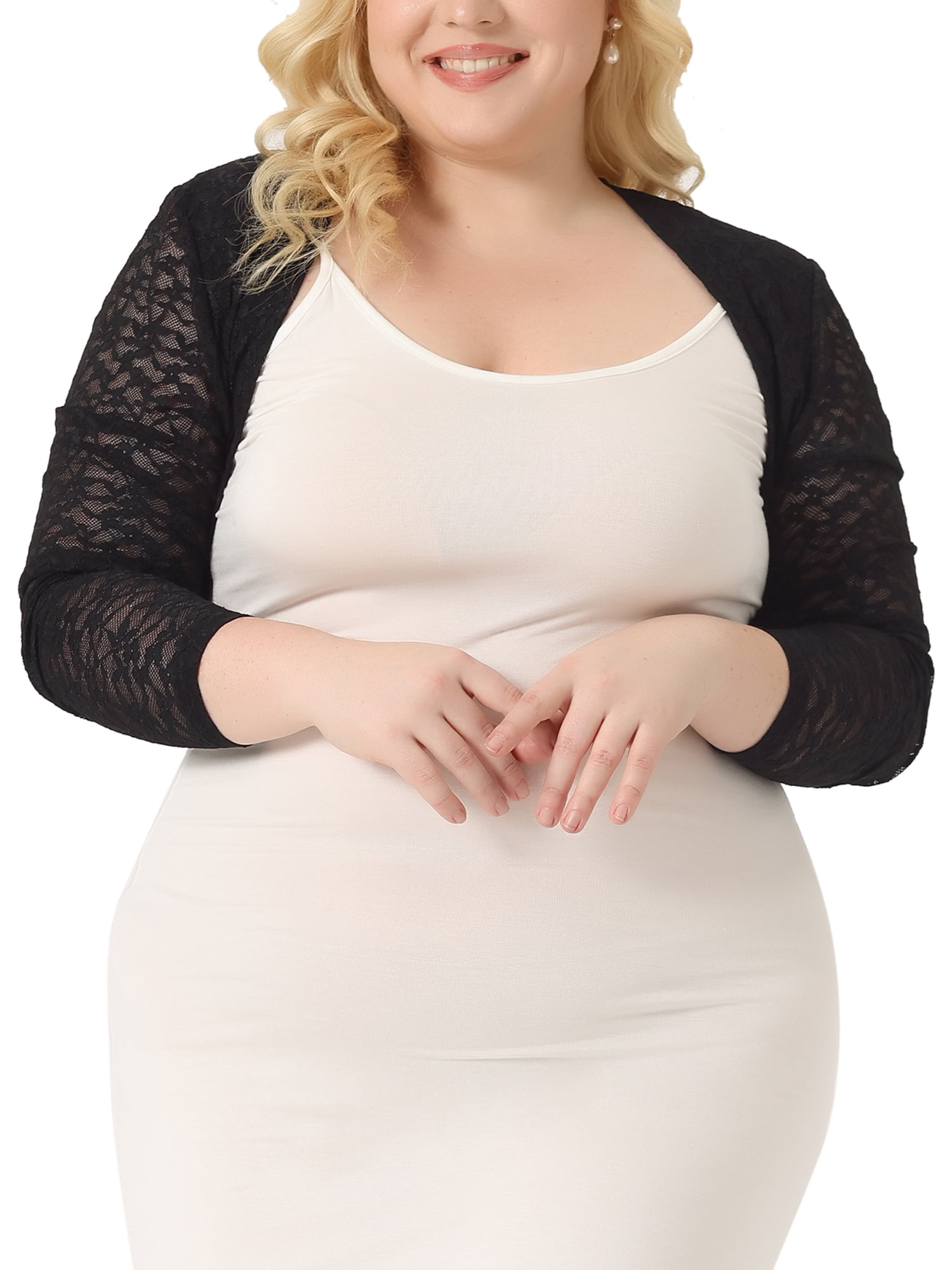 Unique Bargains Women Plus Size Sheer Open Front Cropped Long Sleeve