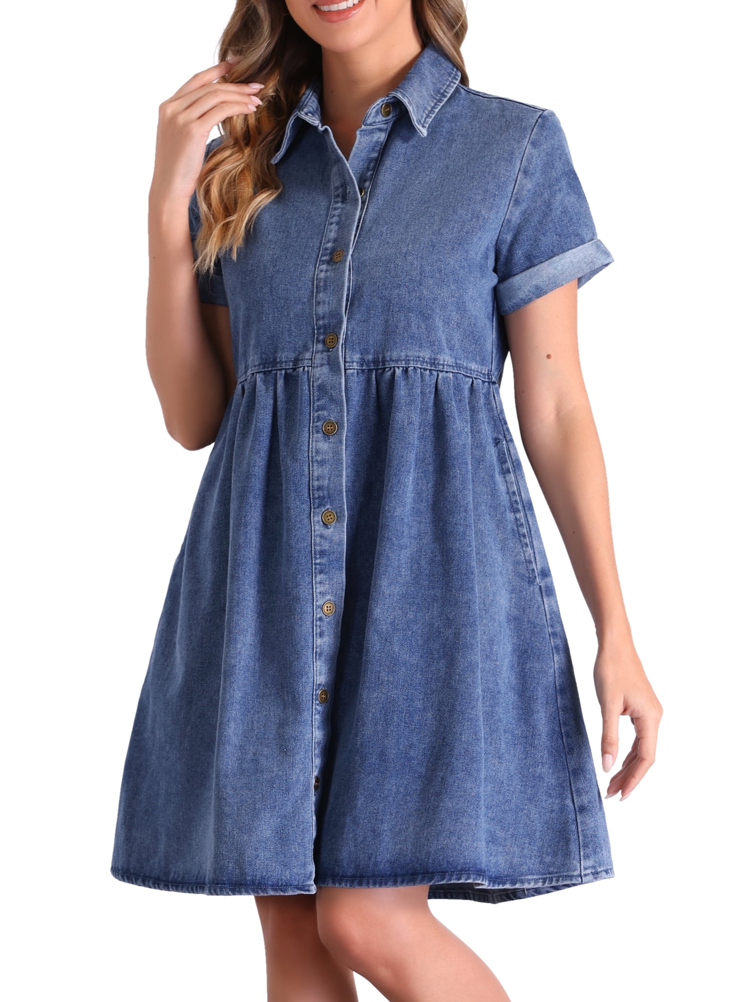 Unique Bargains Women Short Sleeve Button Down Denim Dress with Side ...
