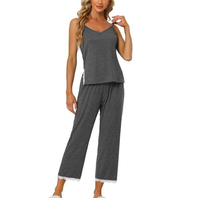 Unique Bargains Women Womens Cami Top Capri Pajama Set Soft Modal Lace ...