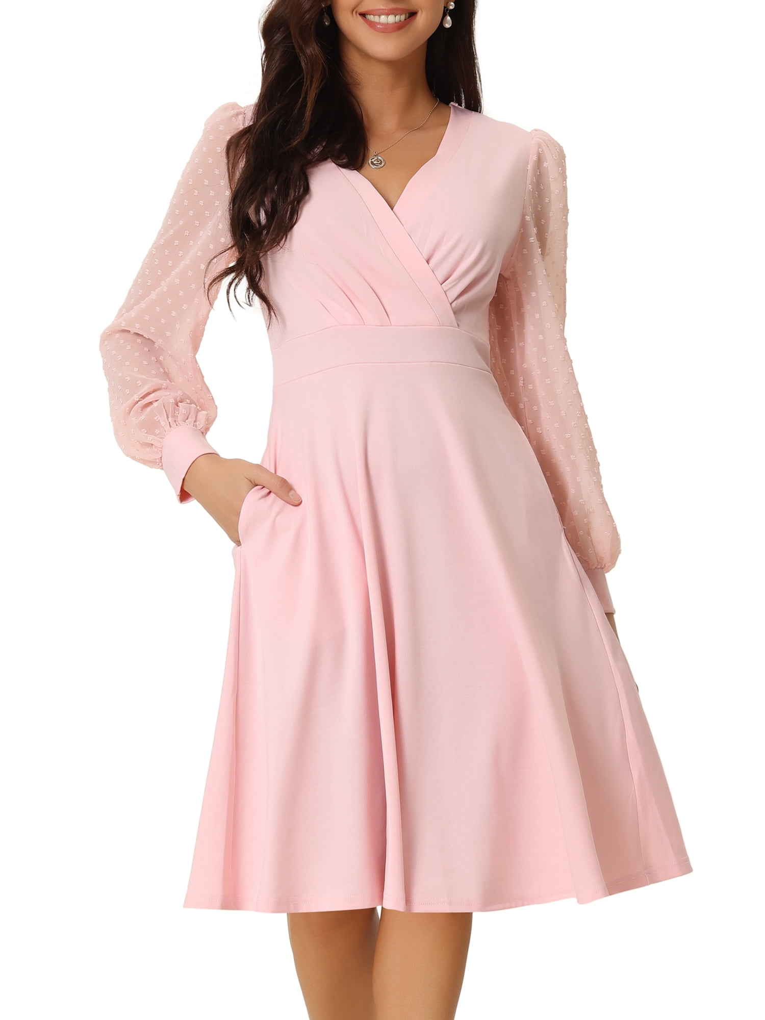 Unique Bargains Women's 2023 V Neck Wrap Swiss Dots Lantern Sleeve Midi ...