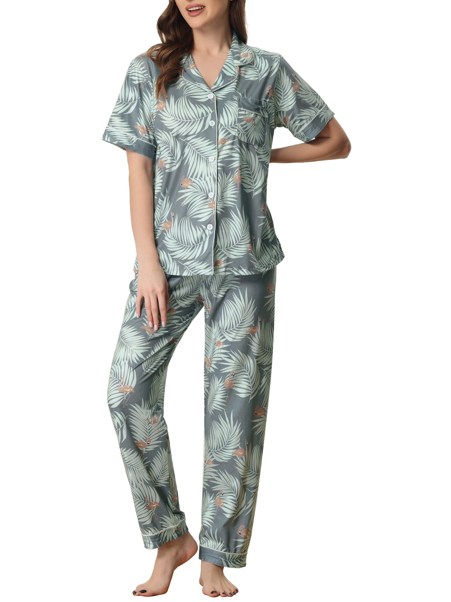 Unique Bargains Women's 2pcs Floral Button Down Pajama Set Nightwear ...