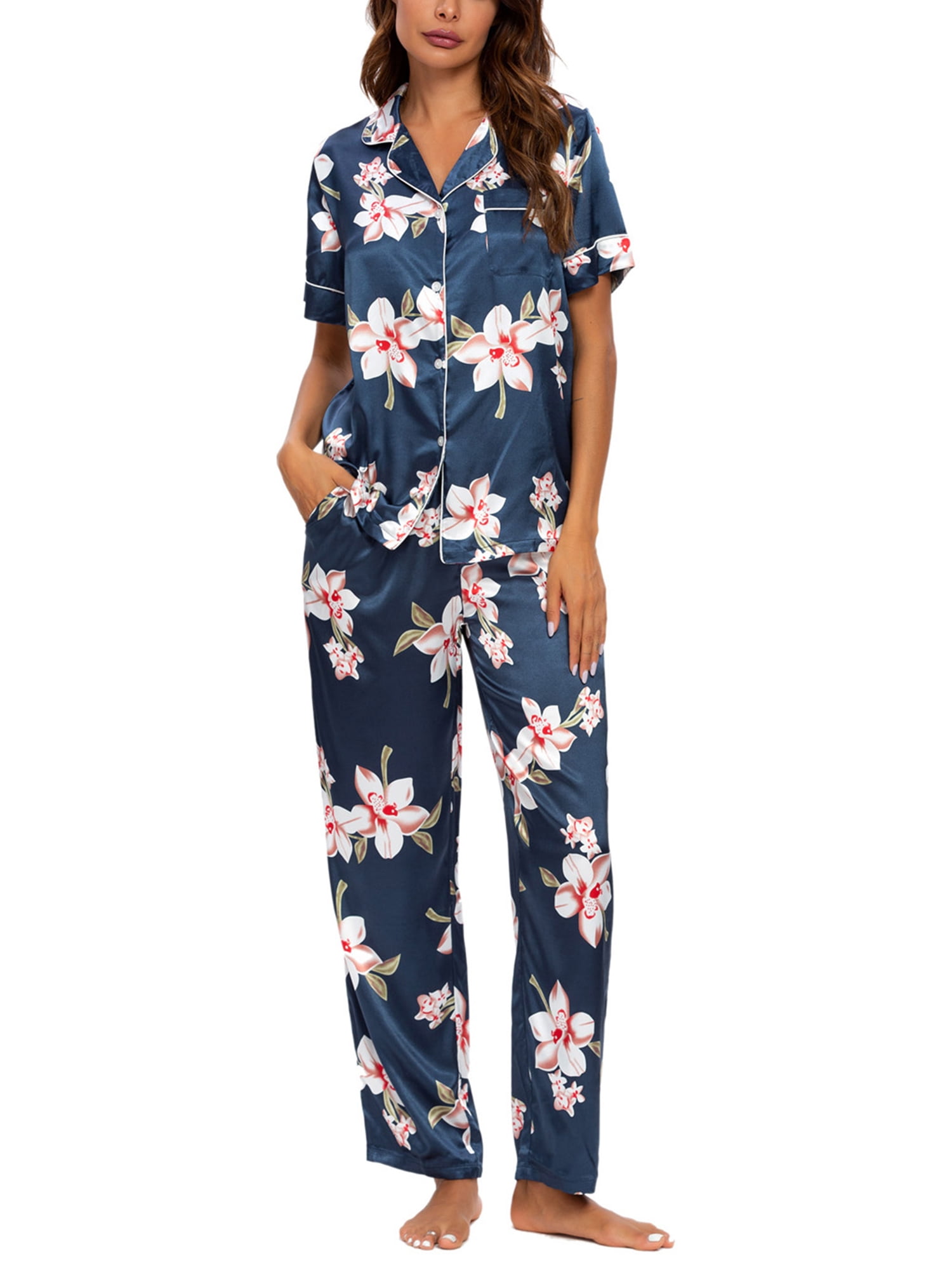 Unique Bargains Women's 2pcs Floral Button Down Pajama Set Nightwear ...