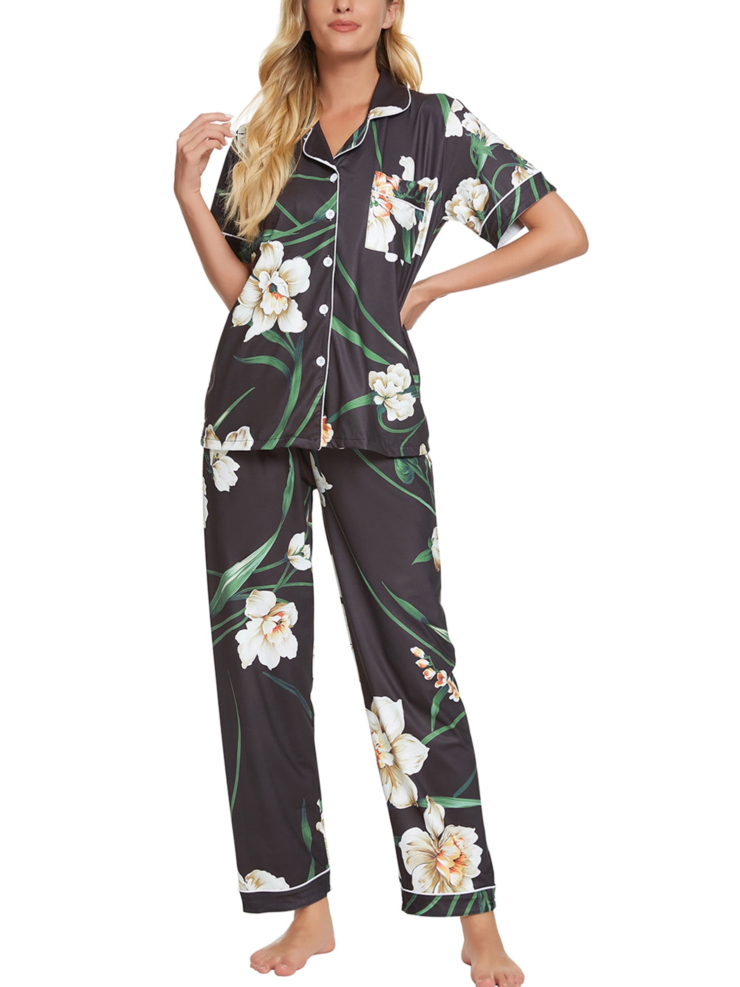 Unique Bargains Women's 2pcs Floral Button Down Pajama Set Nightwear ...