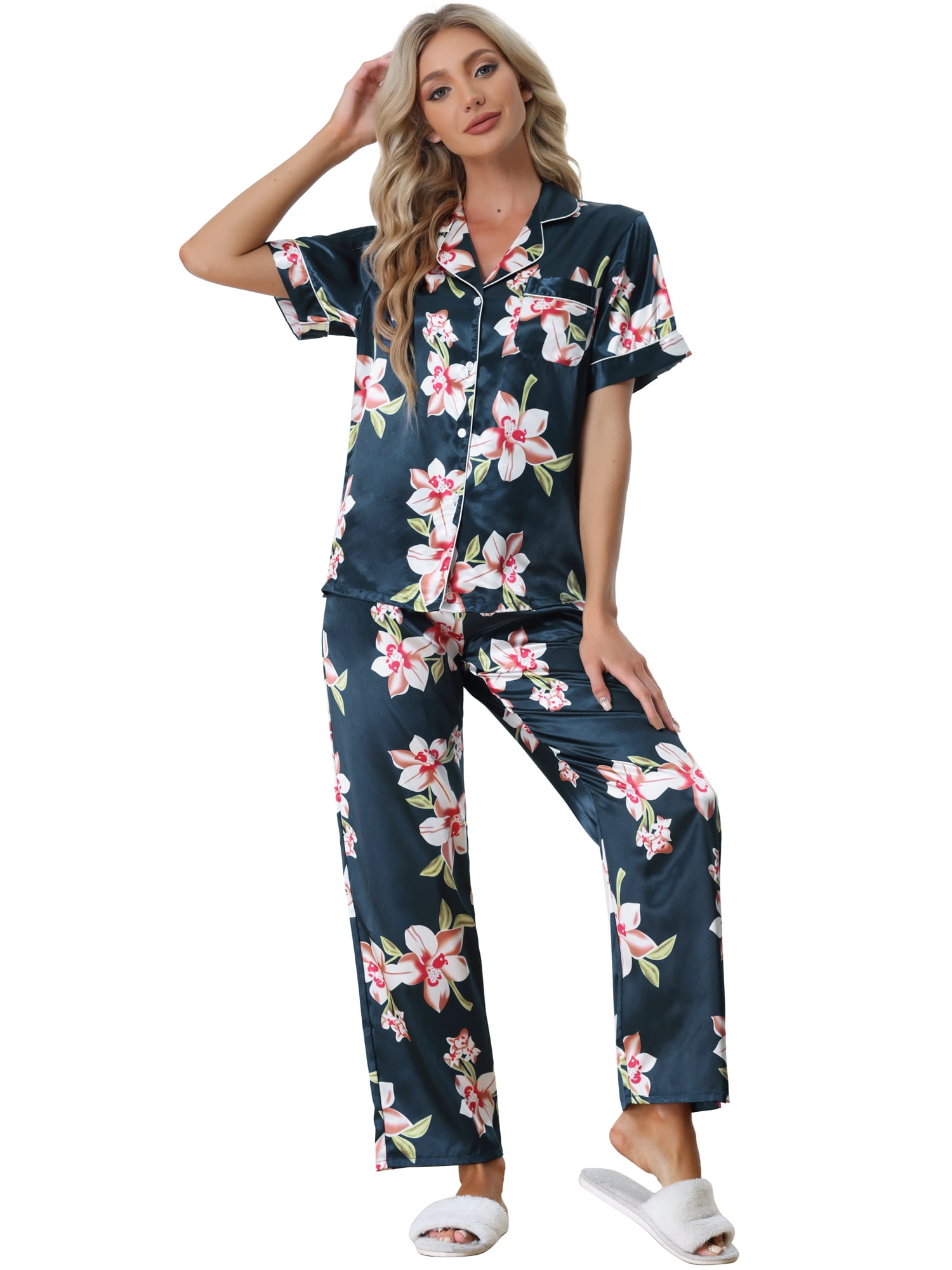 Unique Bargains Women's 2pcs Floral Button Down Pajama Set Nightwear ...