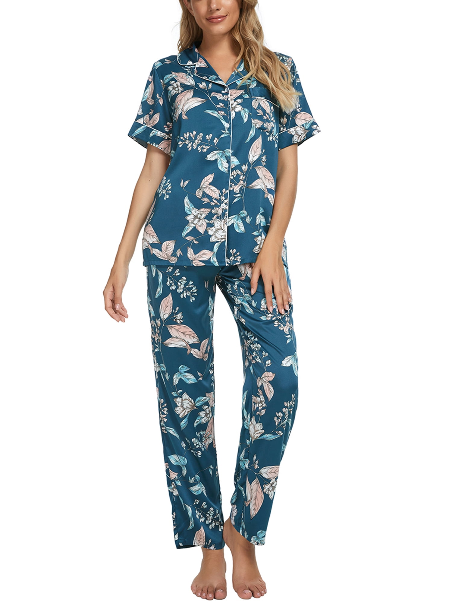 Unique Bargains Women's 2pcs Floral Button Down Pajama Set Nightwear ...