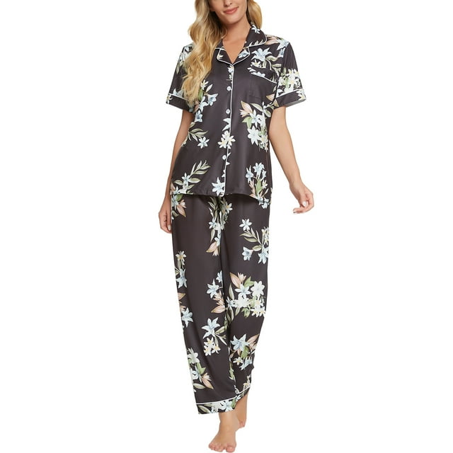 Unique Bargains Womens 2pcs Floral Button Down Pajama Set Nightwear