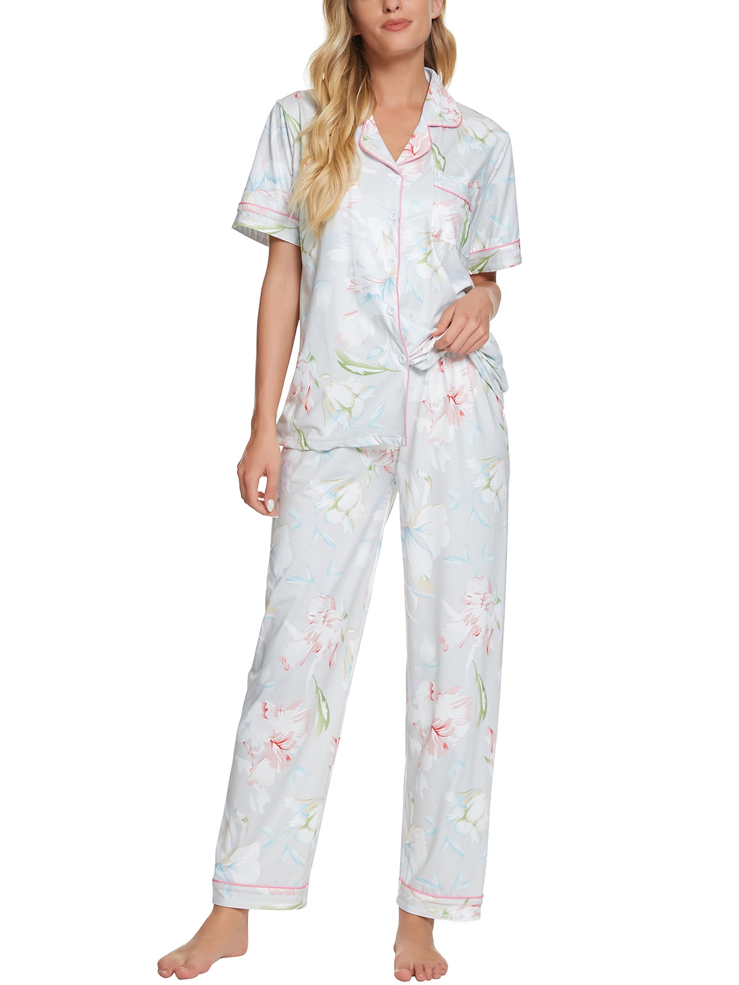 Unique Bargains Women's 2pcs Floral Button Down Pajama Set Nightwear ...