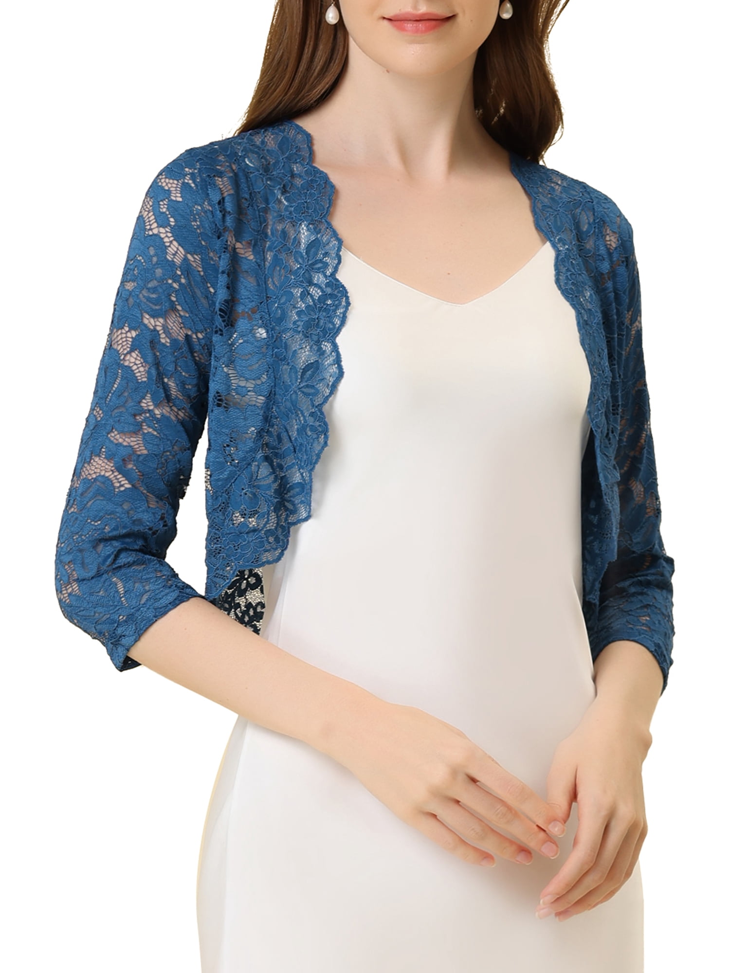 Unique Bargains Women's 3/4 Sleeve Sheer Floral Lace Shrug Top XS Night ...