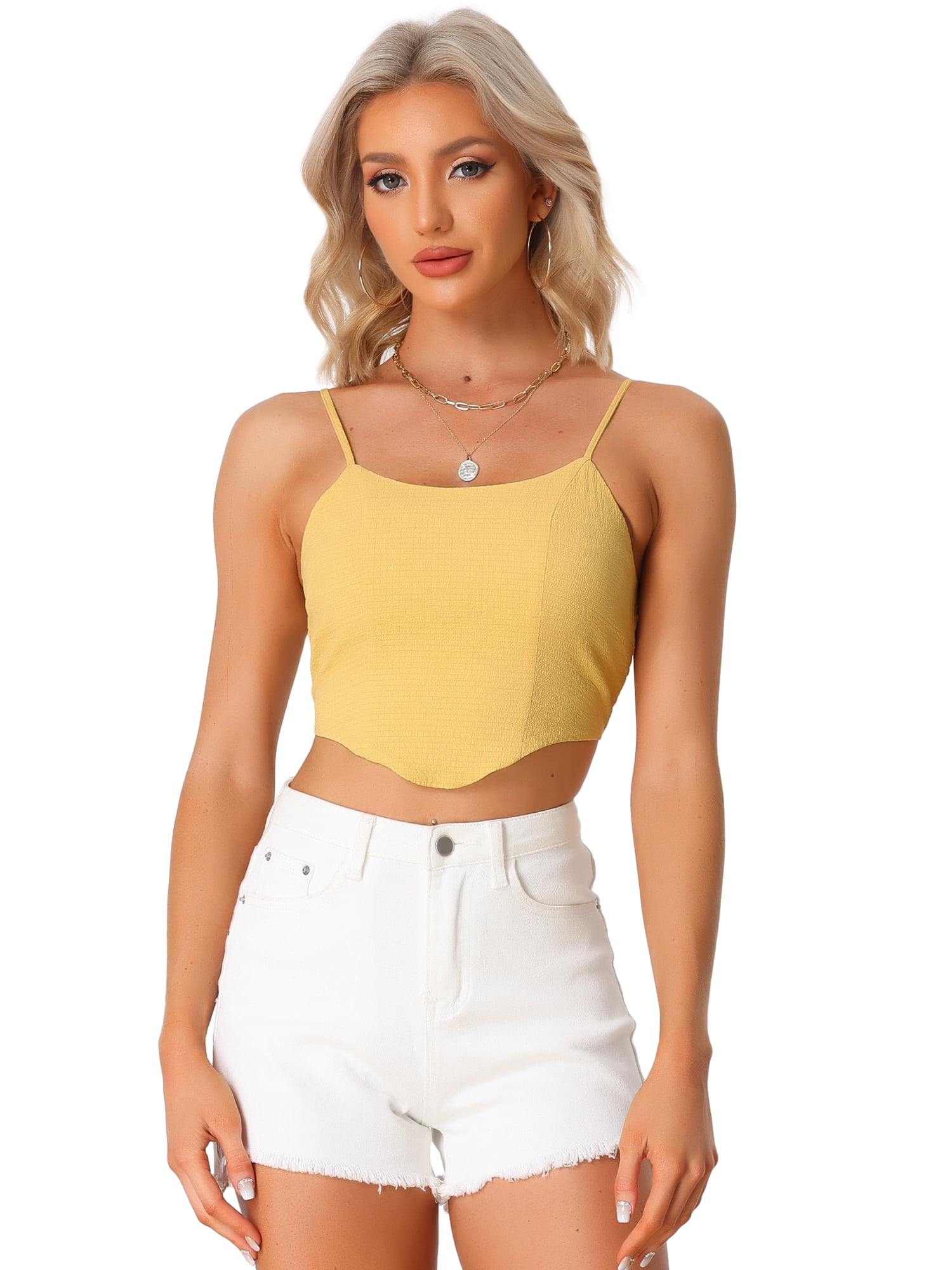 Unique Bargains Women's Adjustable Textured Smocked Crop Top L Yellow ...