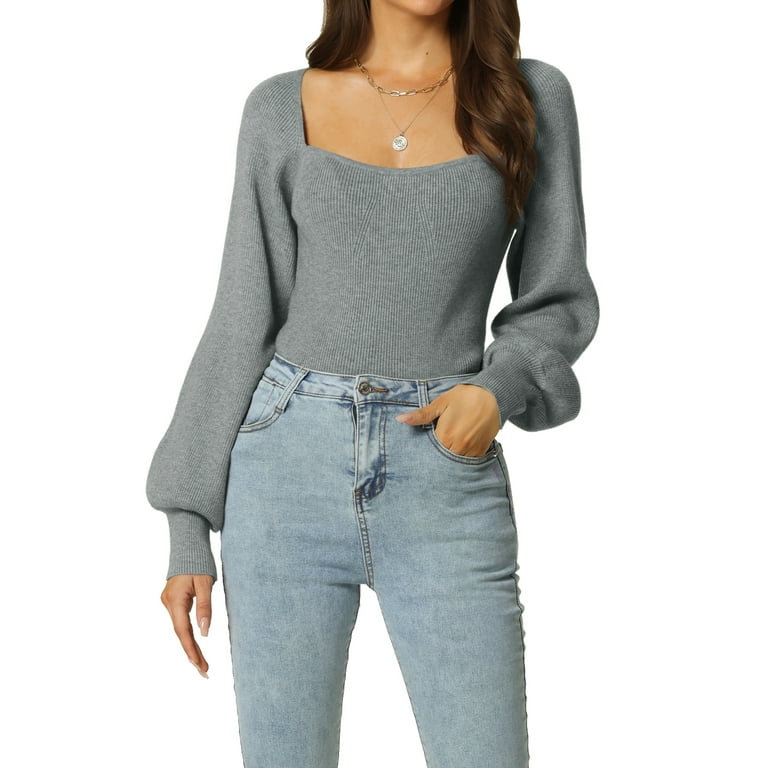Unique Bargains Women s Bishop Square Neck Stretch Ribbed Knit Solid Crop Sweater Top L Gray Walmart