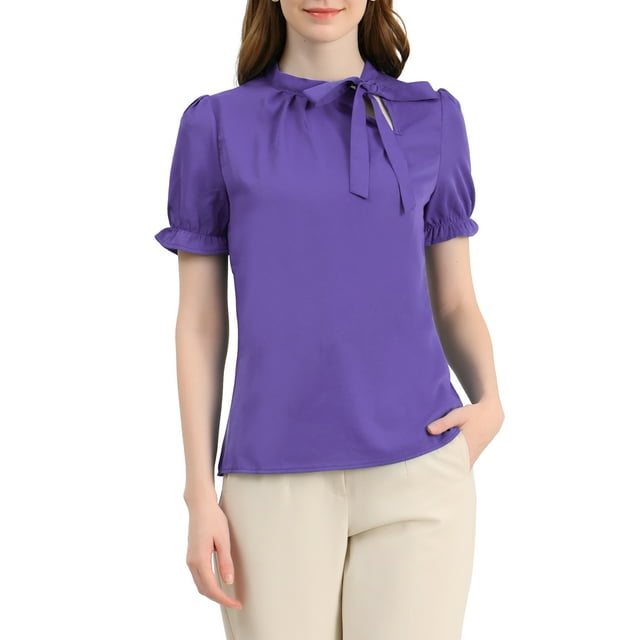 Unique Bargains Womens Bow Tie Neck Office Elegant Short Sleeve Blouse