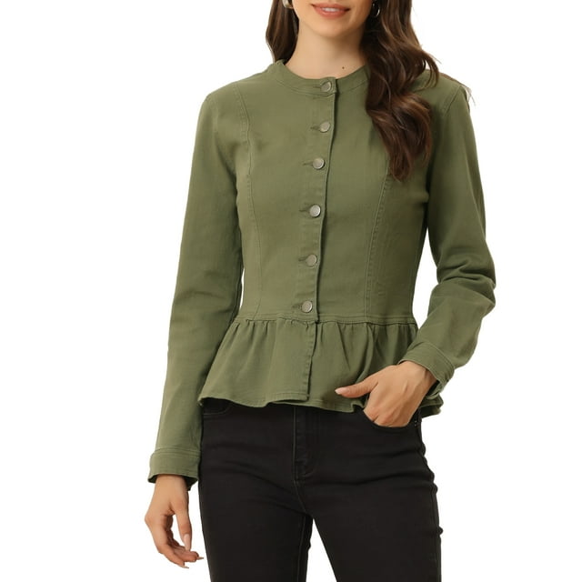 Unique Bargains Women's Button Down Cropped Ruffle Hem Denim Jacket L ...