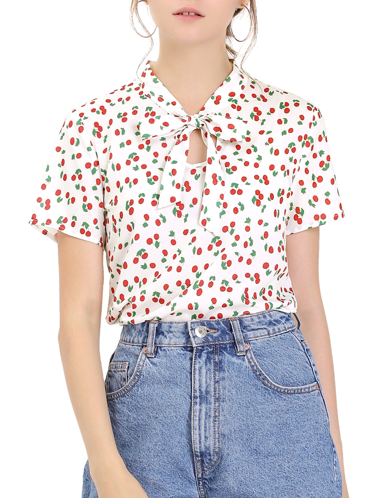 Unique Bargains Women's Cherry Print Tie Neck Blouse Top White M ...