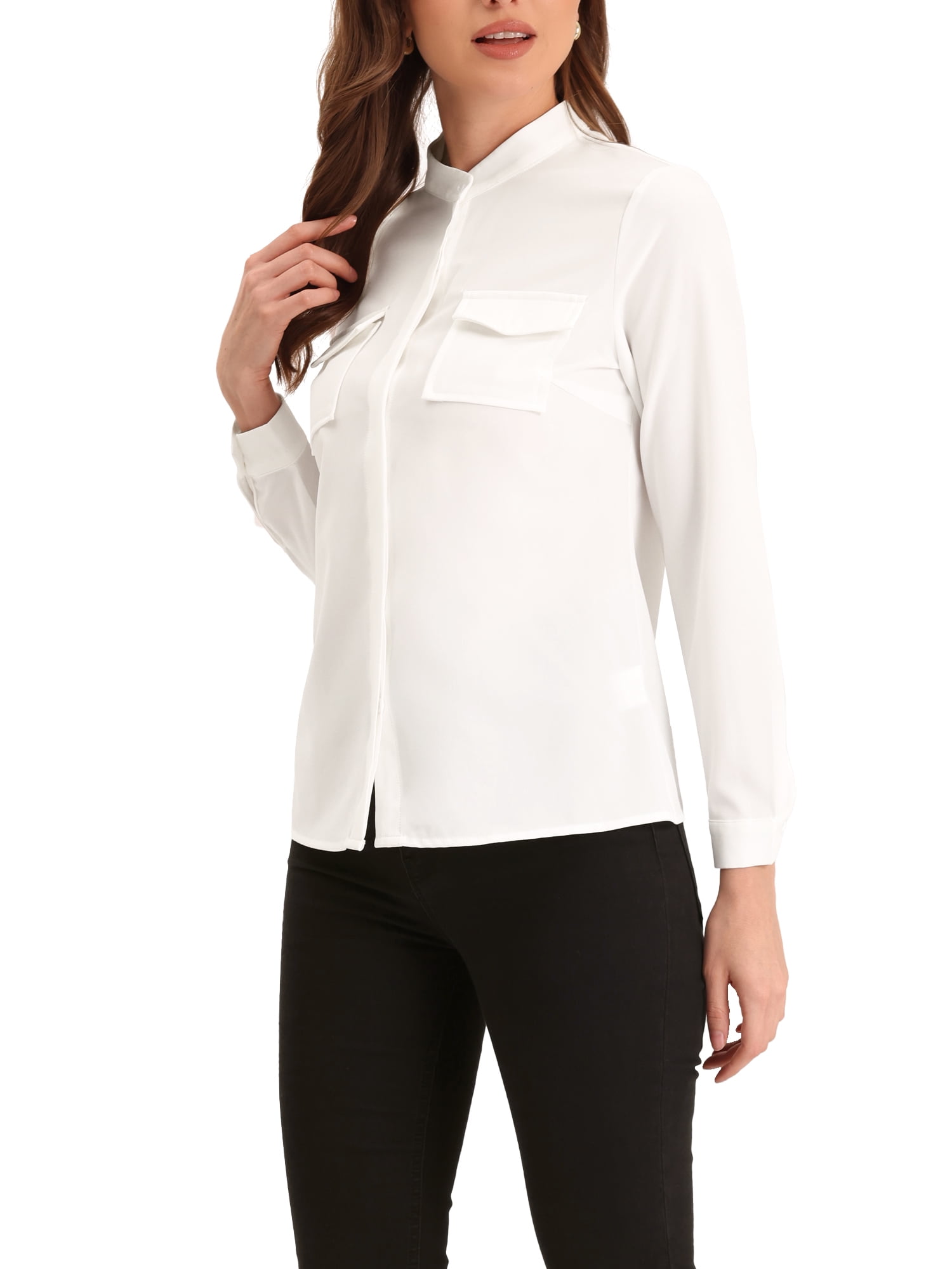 Unique Bargains Women's Chest Pockets Long Sleeve Stand Collar Button ... Unique Bargains Women's Chest Pockets Long Sleeve Stand Collar Button ...