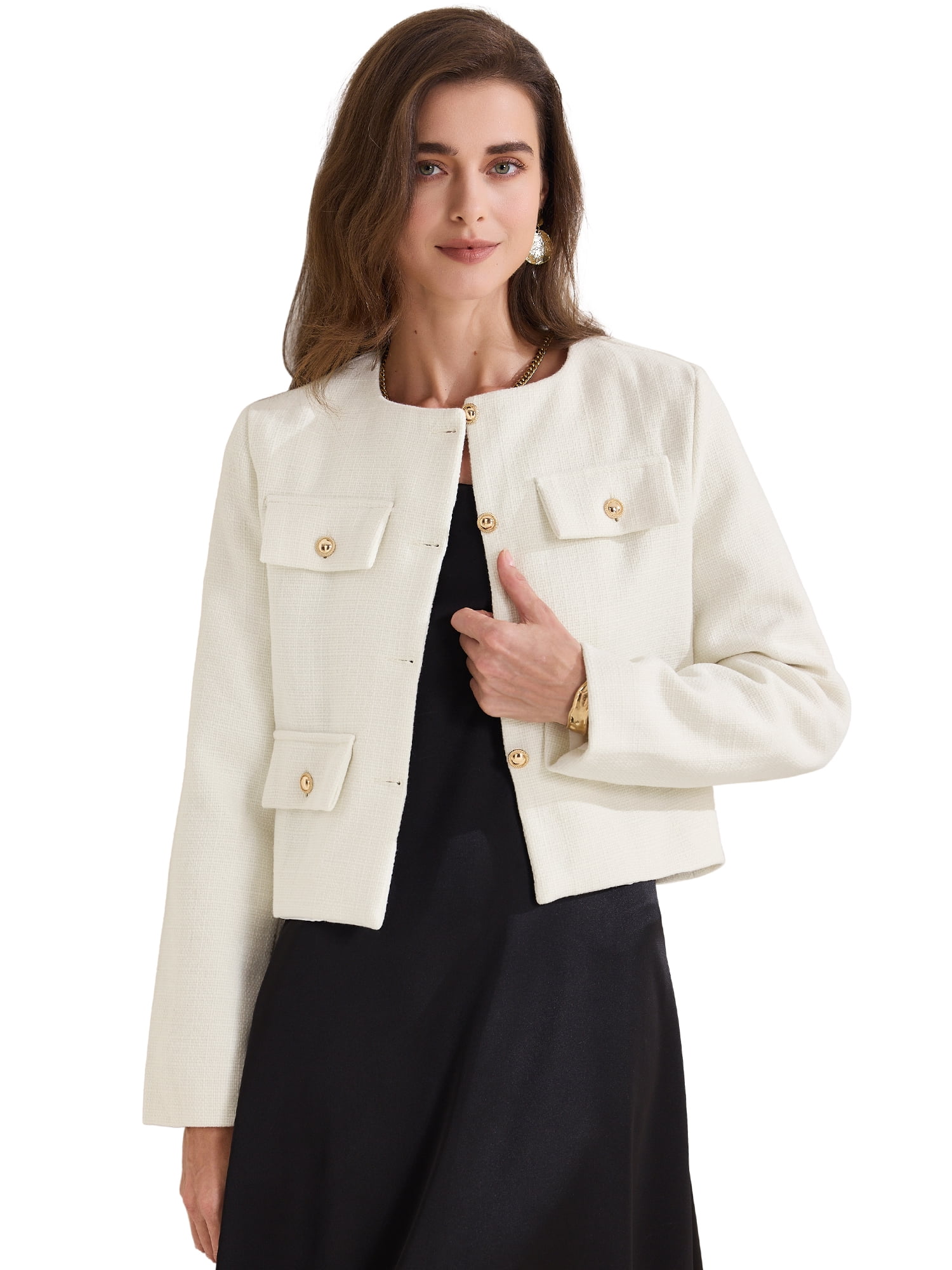 Unique Bargains Women's Cropped Button Down Work Business Tweed Blazers ...