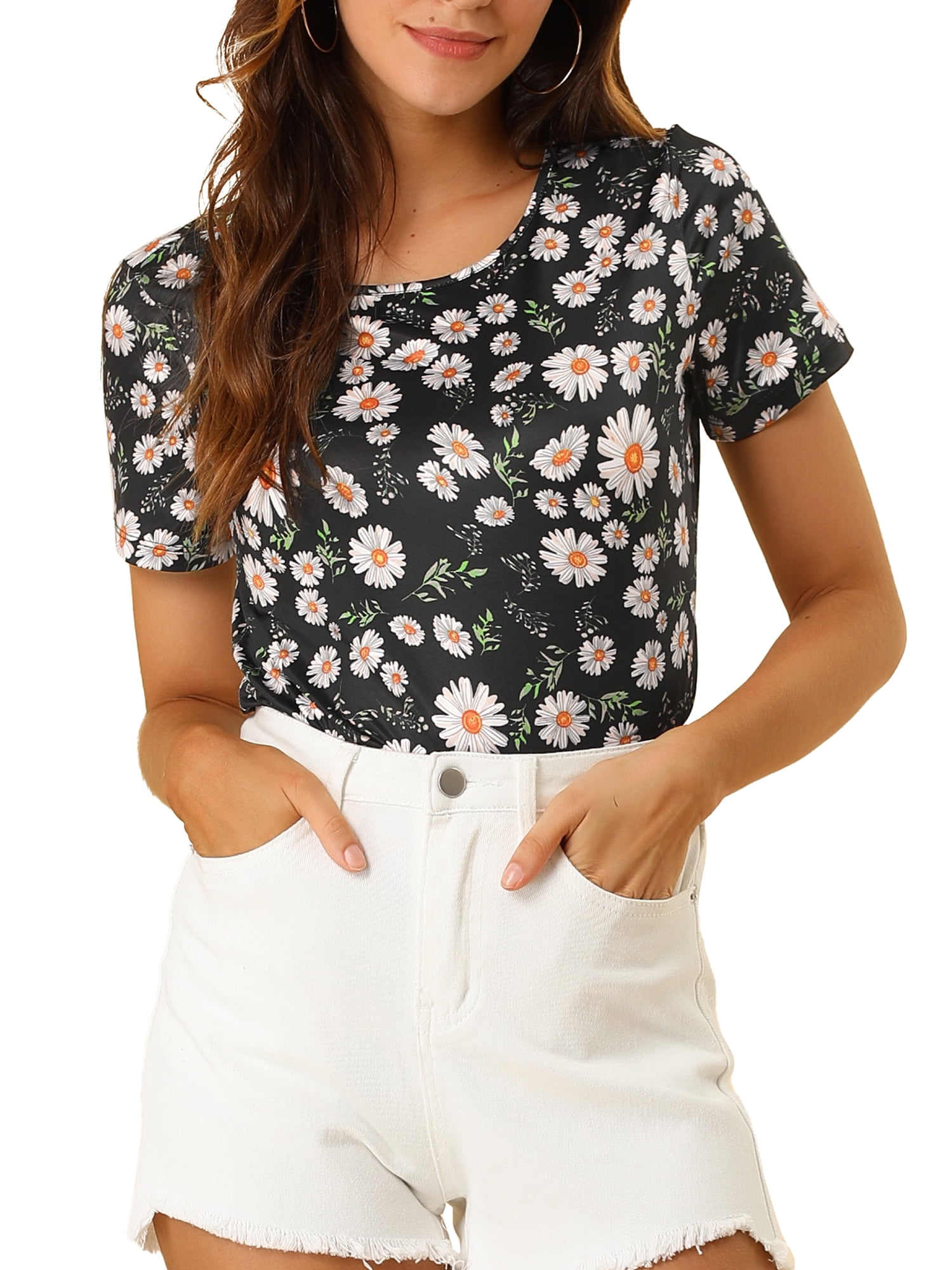 Unique Bargains Women's Daisy Floral Print Summer Crew Neck Short ...