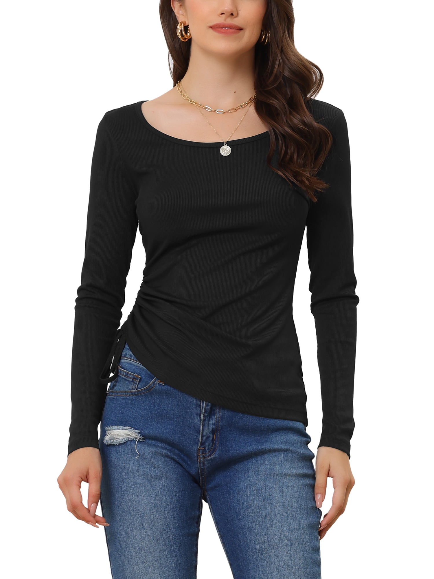 Unique Bargains Women's Drawstring Ruched Long Sleeve Irregular Hem ...