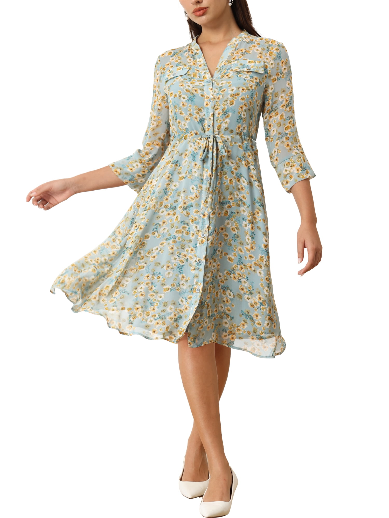 Unique Bargains Women's Floral Chiffon Half Sleeve Button Down Flare ...
