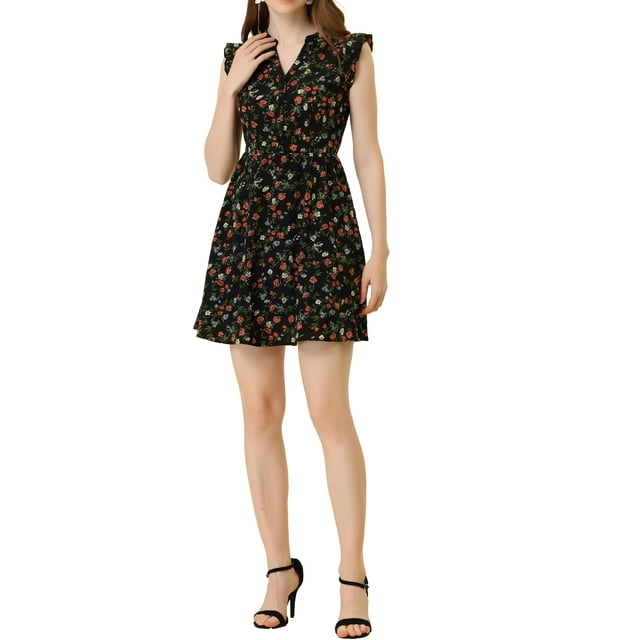 Unique Bargains Womens Floral Ruffle V Neck Cap Sleeve Casual Summer Dress S Black