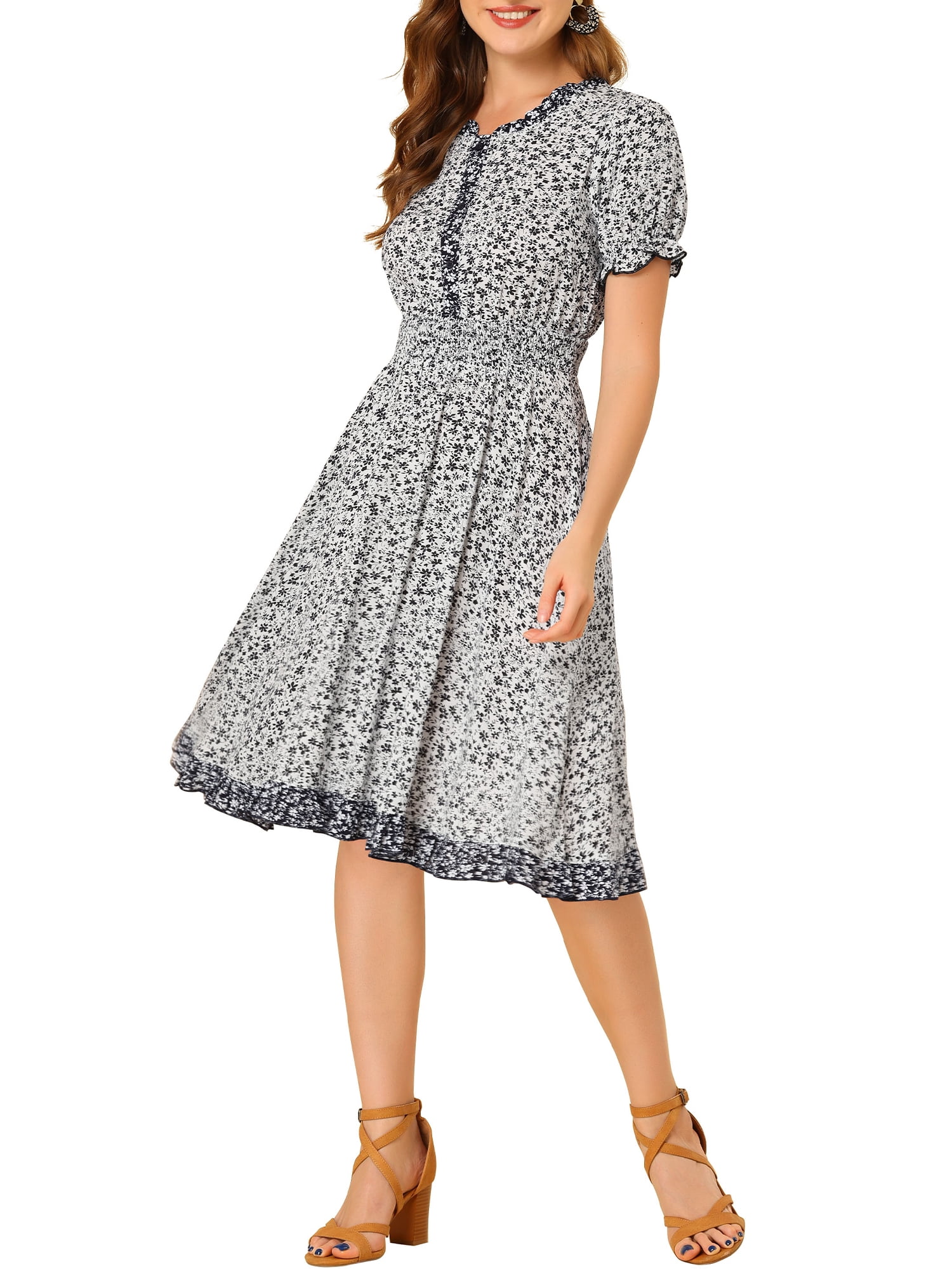 Unique Bargains Women's Floral Sundress Ruffle Neck Smocked Waist Short ...