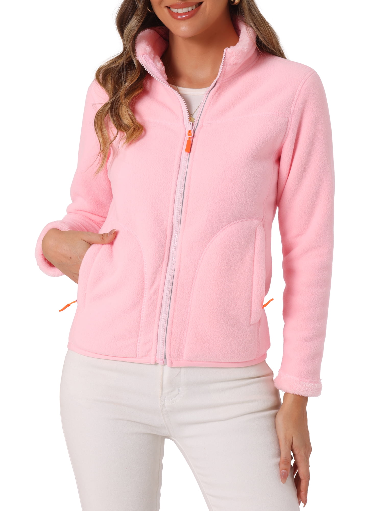 Unique Bargains Women's High Neck Full Zip Fleece Jacket Coat M Pink ...