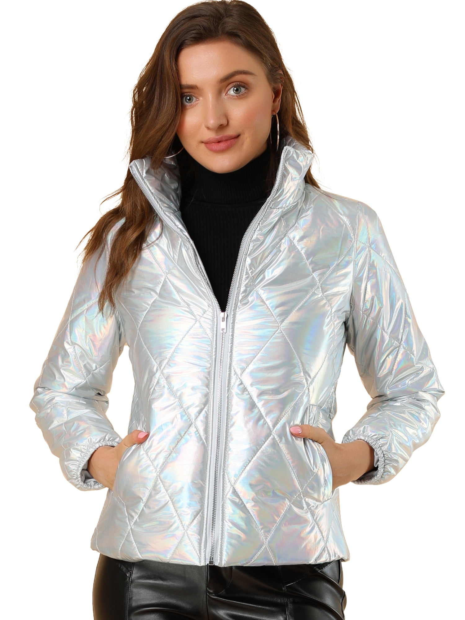 Free Shipping! Unique Bargains Women's Holographic Quilted Puffer ...
