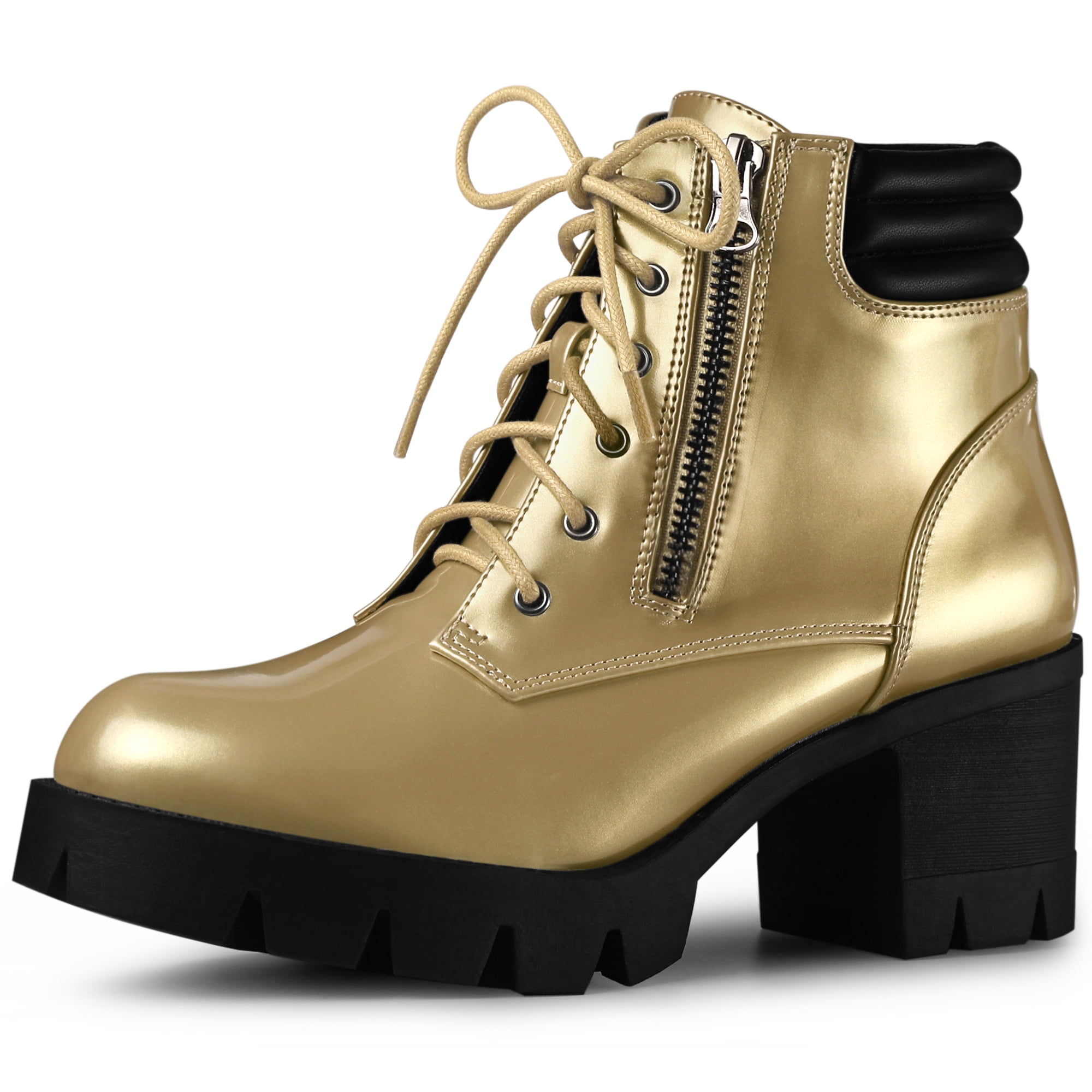 Unique Bargains Women's Lace Up Platform Chunky Heel Combat Boot Gold 6 ...