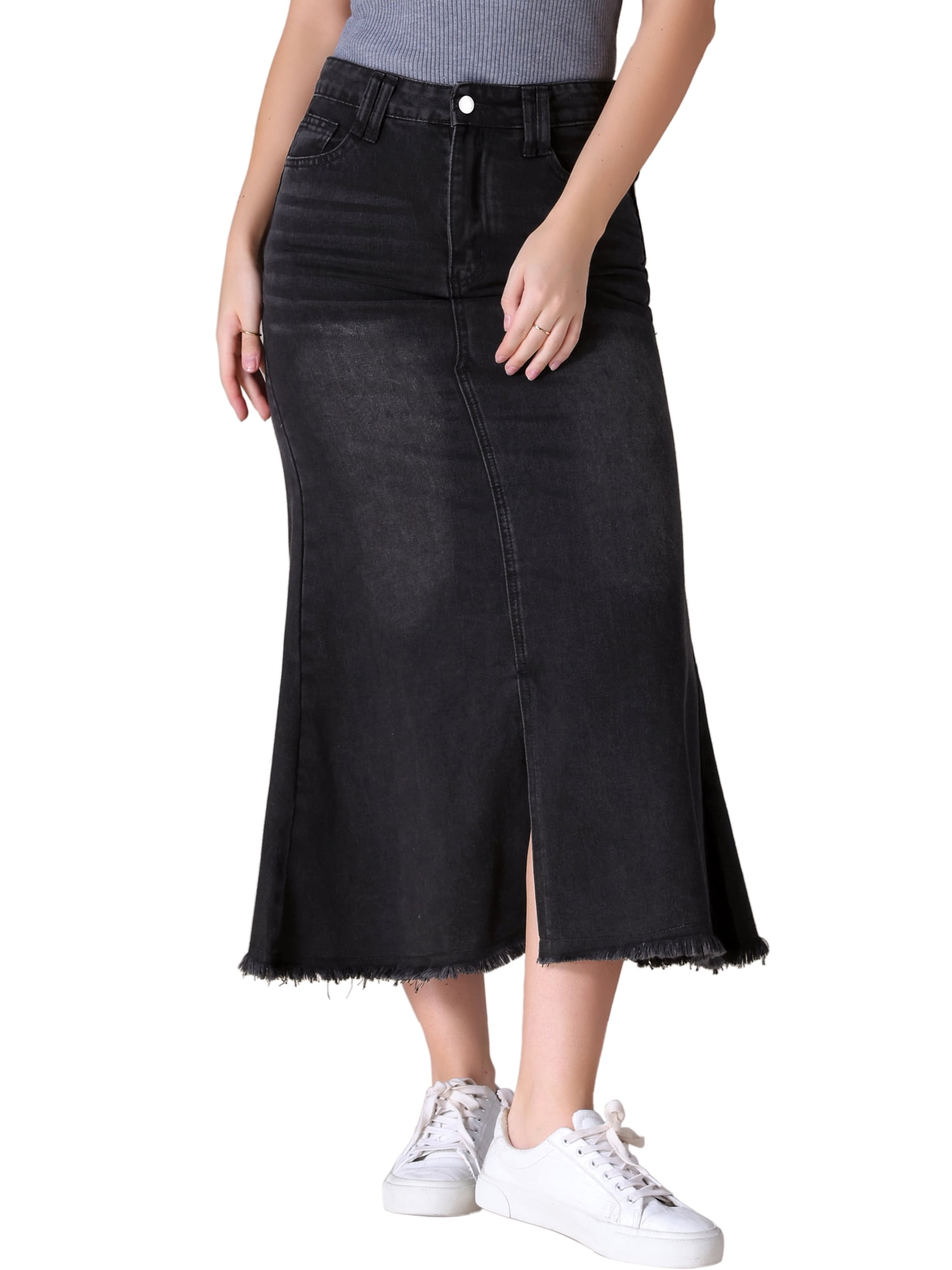 Unique Bargains Women's Long Denim Skirts Split A-Line Fishtail Jean ...