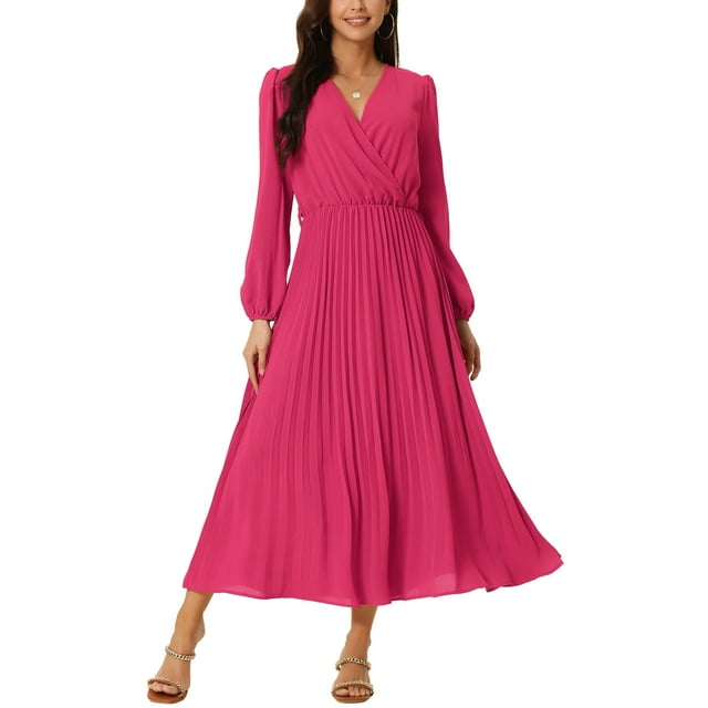 Unique Bargains Women's Long Puff Sleeve Flowy Ruffle Pleated Dress ...