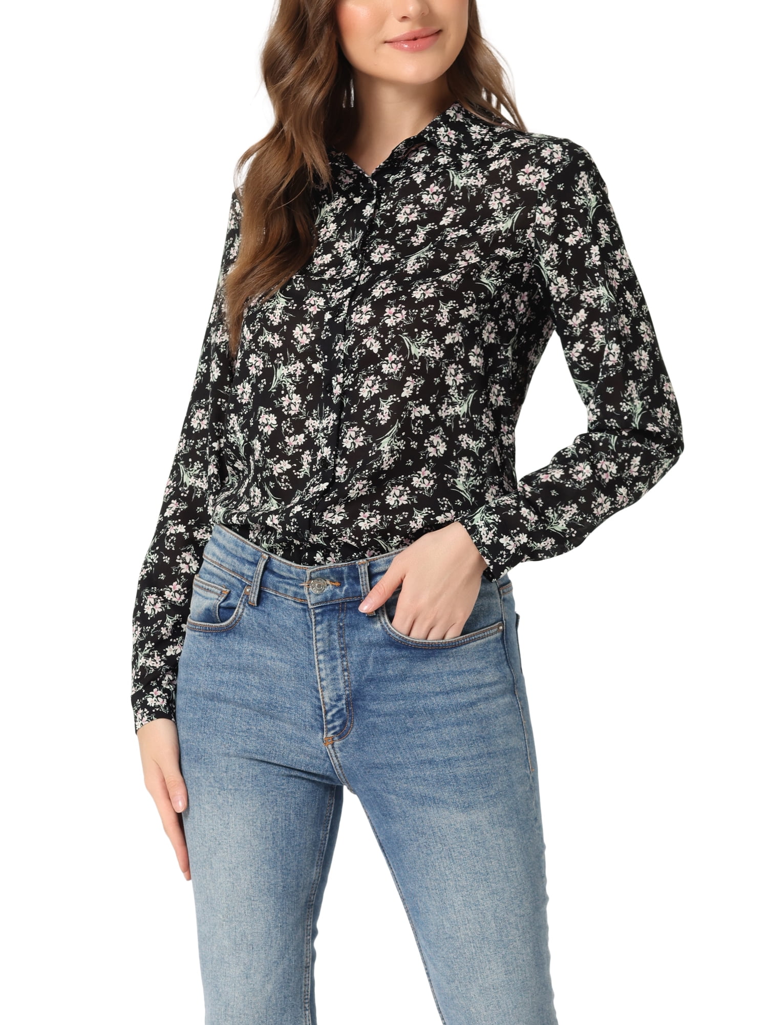Unique Bargains Women's Long Sleeve Button-Down Ditsy Floral Shirt Top ...