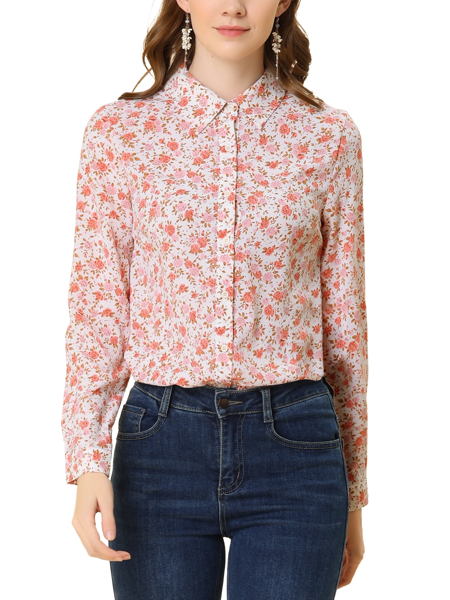 Unique Bargains Women's Long Sleeve Button-Down Ditsy Floral Shirt Top ...