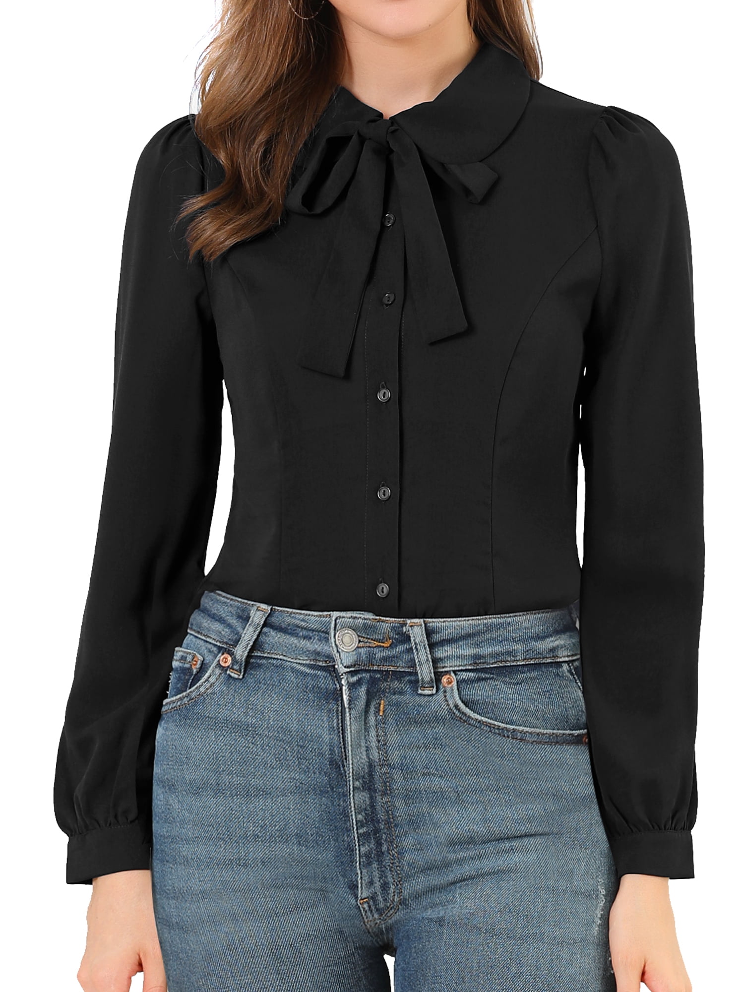 Unique Bargains Womens Long Sleeve Pan Collar Bow Tie Neck Work Office