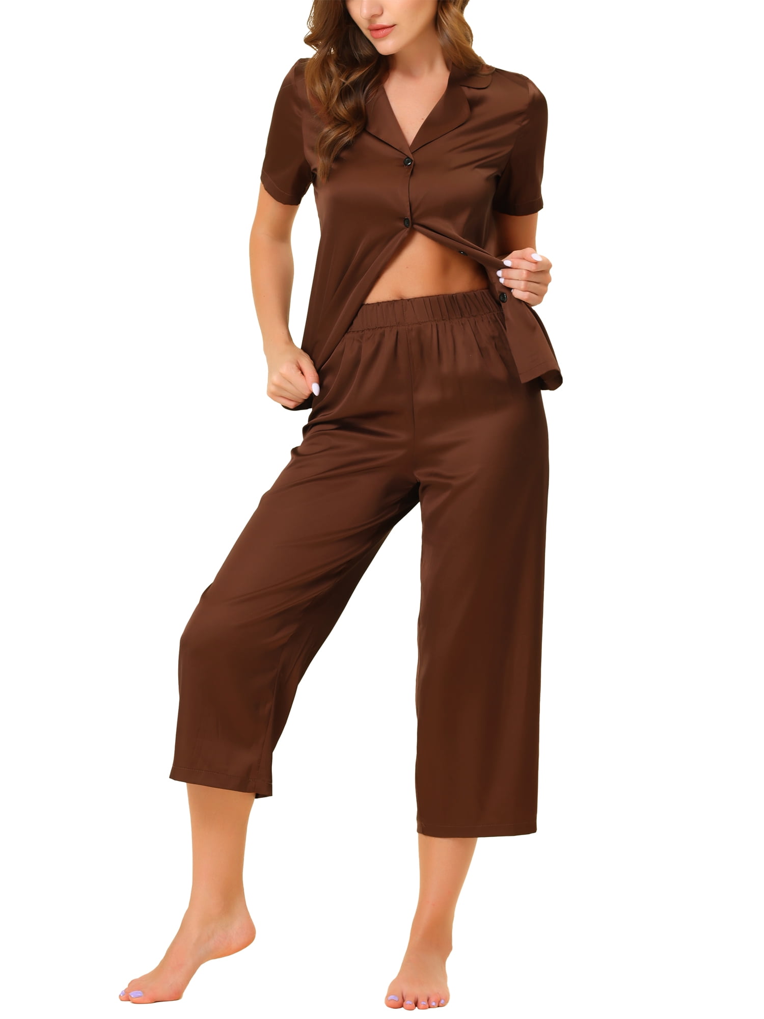 Unique Bargains Women's Loungewear Tops and Capri Pants Satin Pajama ...