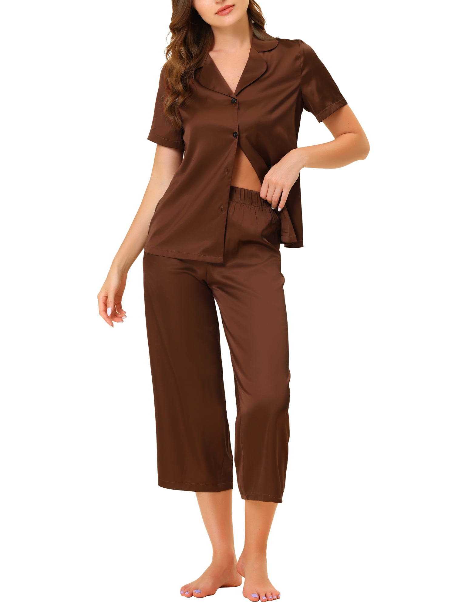 Unique Bargains Women's Loungewear Tops and Capri Pants Satin Pajama ...