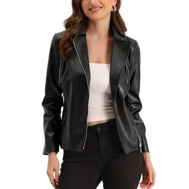 SPYM Women's Faux Leather Moto Biker Short Coat Jacket, Windproof ...
