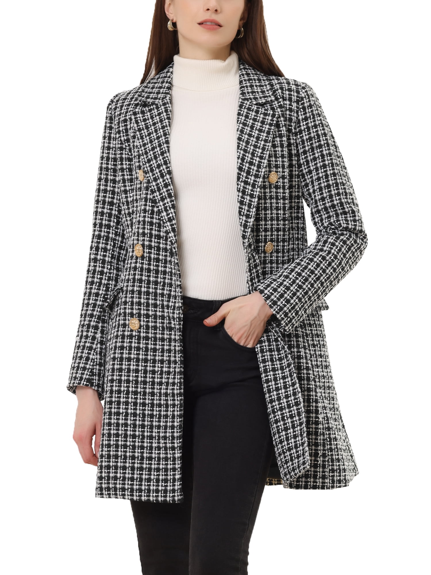 Unique Bargains Women's Notched Lapel Plaid Double Breasted Tweed ...
