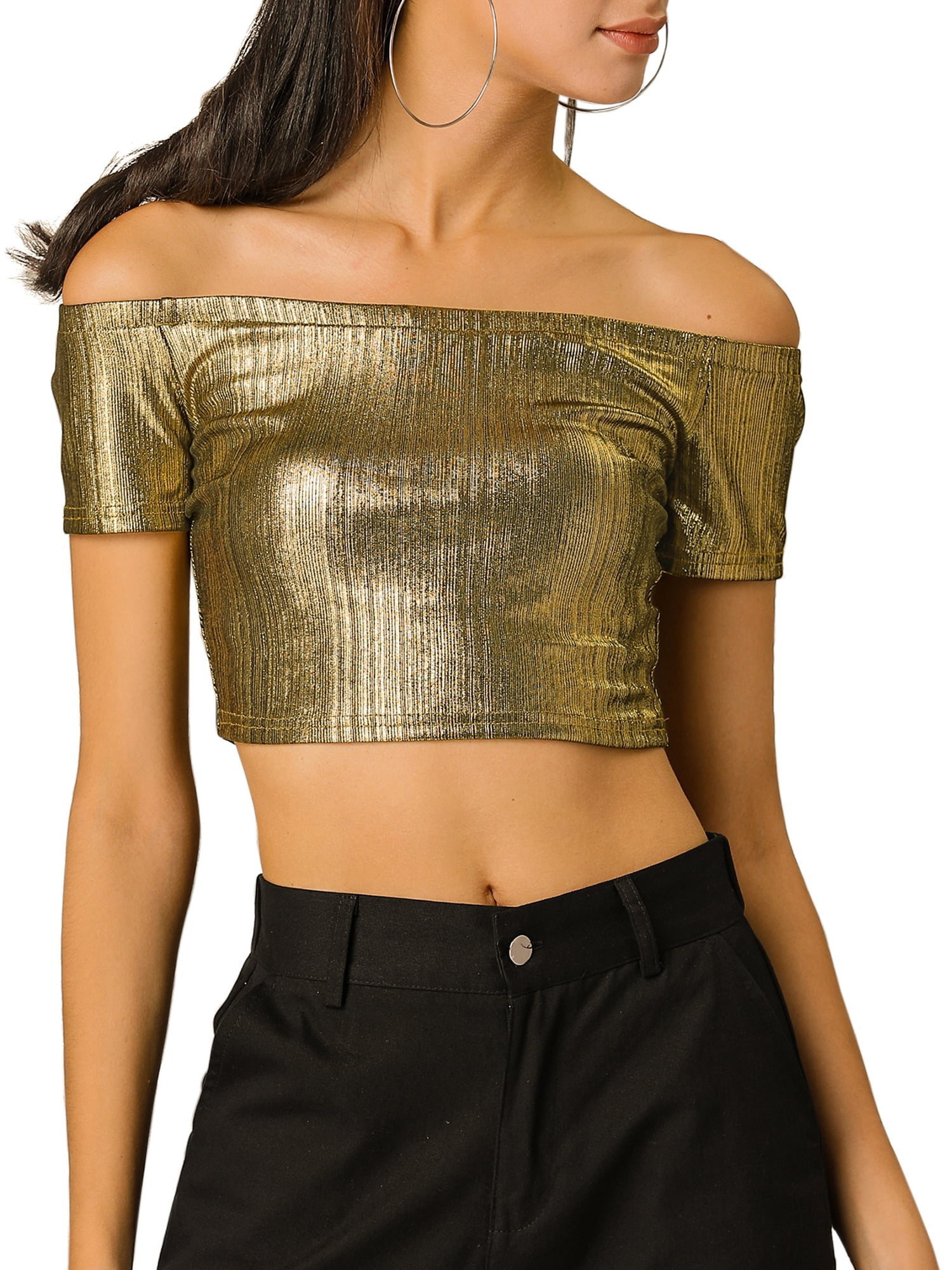 Unique Bargains Women's Off Shoulder Party Club Shiny Metallic Crop Top ...