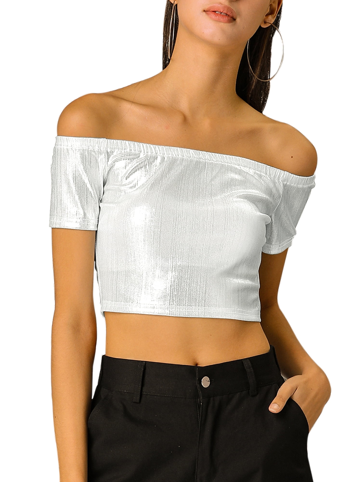 Unique Bargains Women's Off Shoulder Party Club Shiny Metallic Crop Top ...