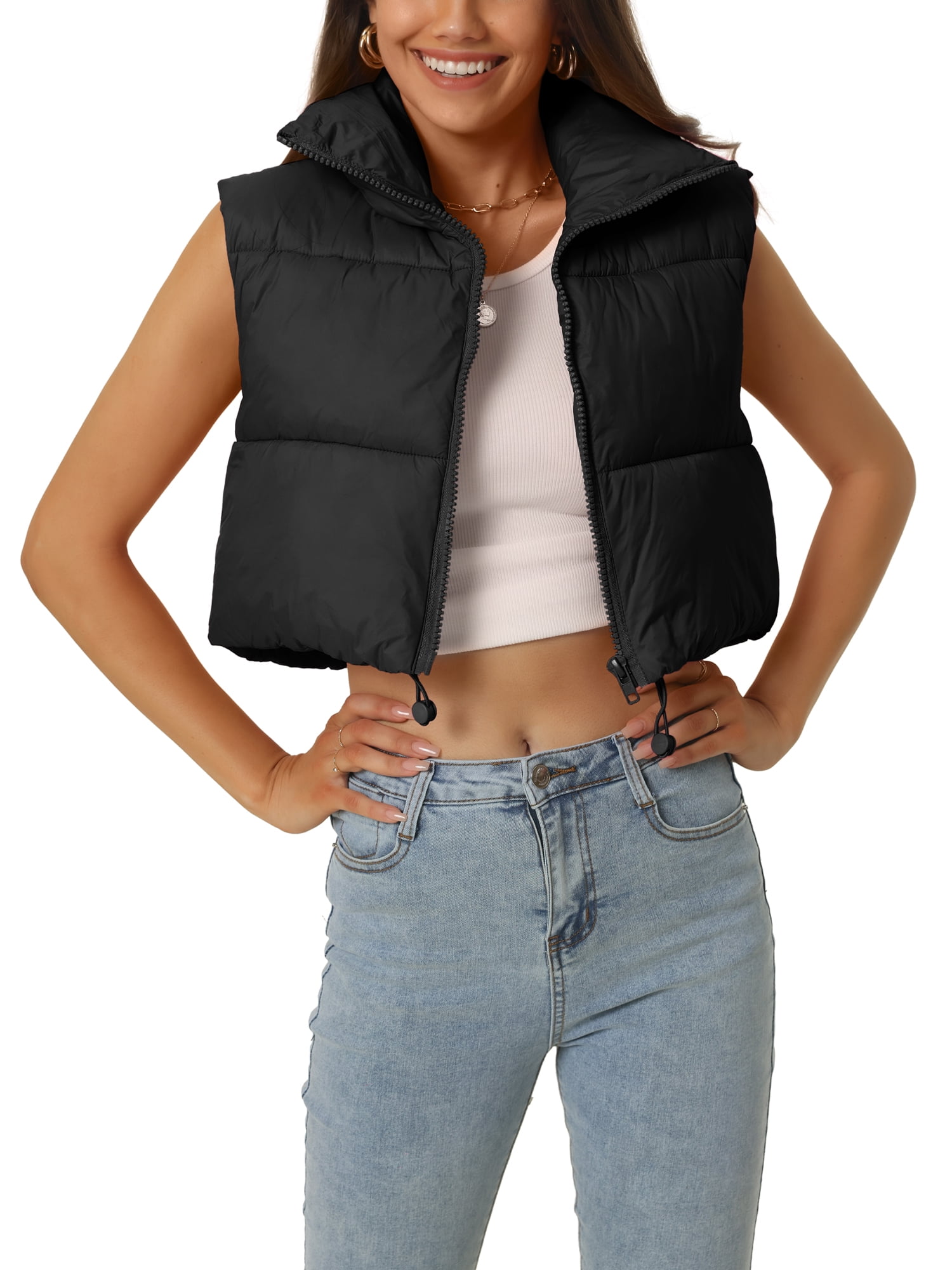 Unique Bargains Women's Padded Vest High Stand Collar Zip Crop Fashion ...