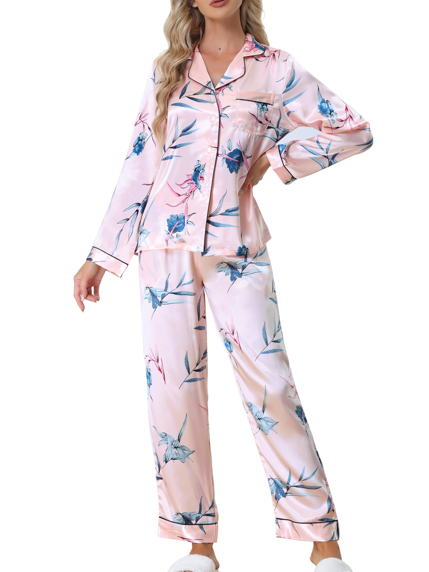 Unique Bargains Women's Pajama Satin Silky Floral Shirt and Pants 2pcs ...