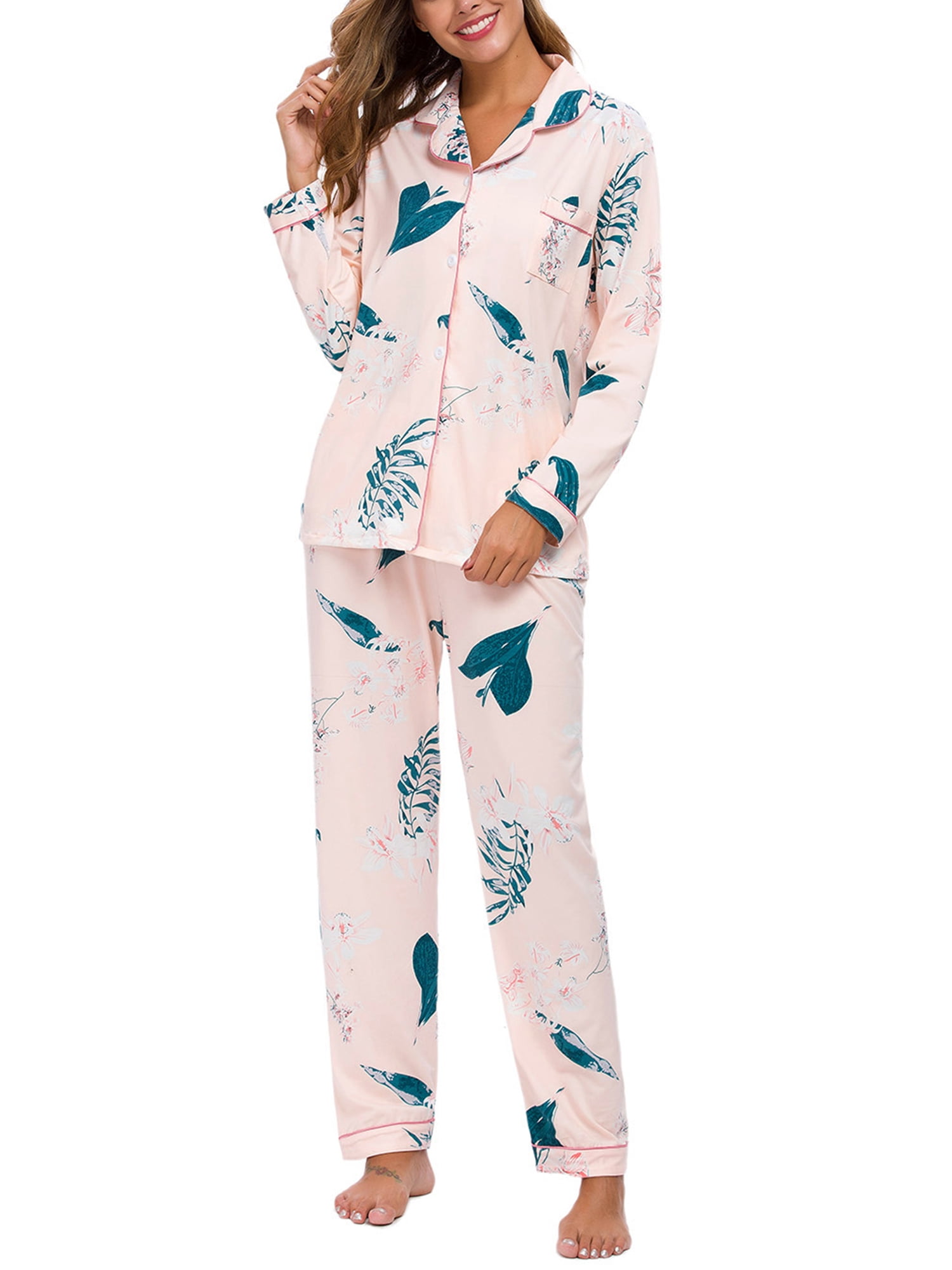Unique Bargains Women's Pajama Satin Silky Floral Shirt and Pants 2pcs ...