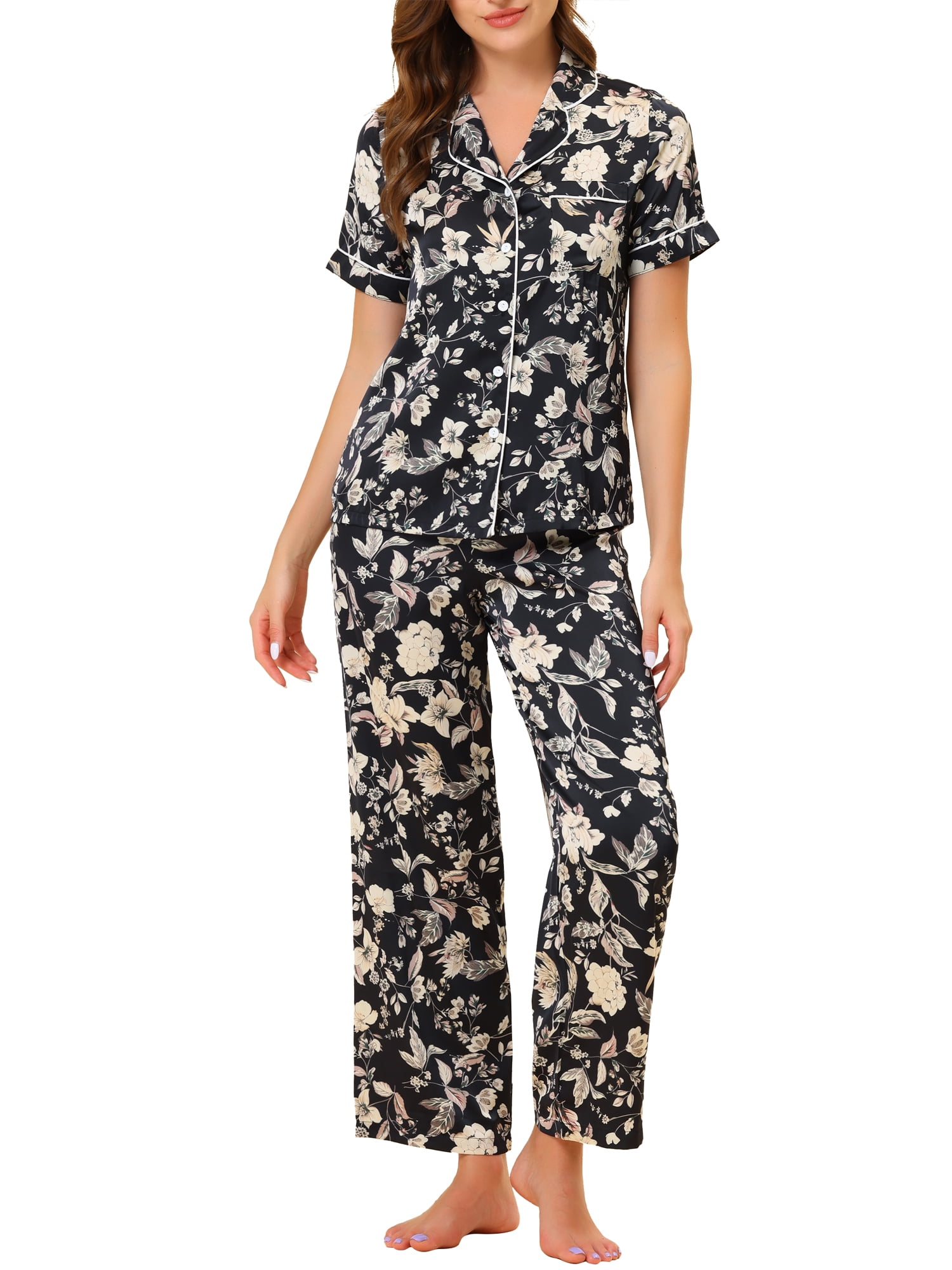Unique Bargains Women's Silk Pajama Set Short Sleeves and Pants Floral ...