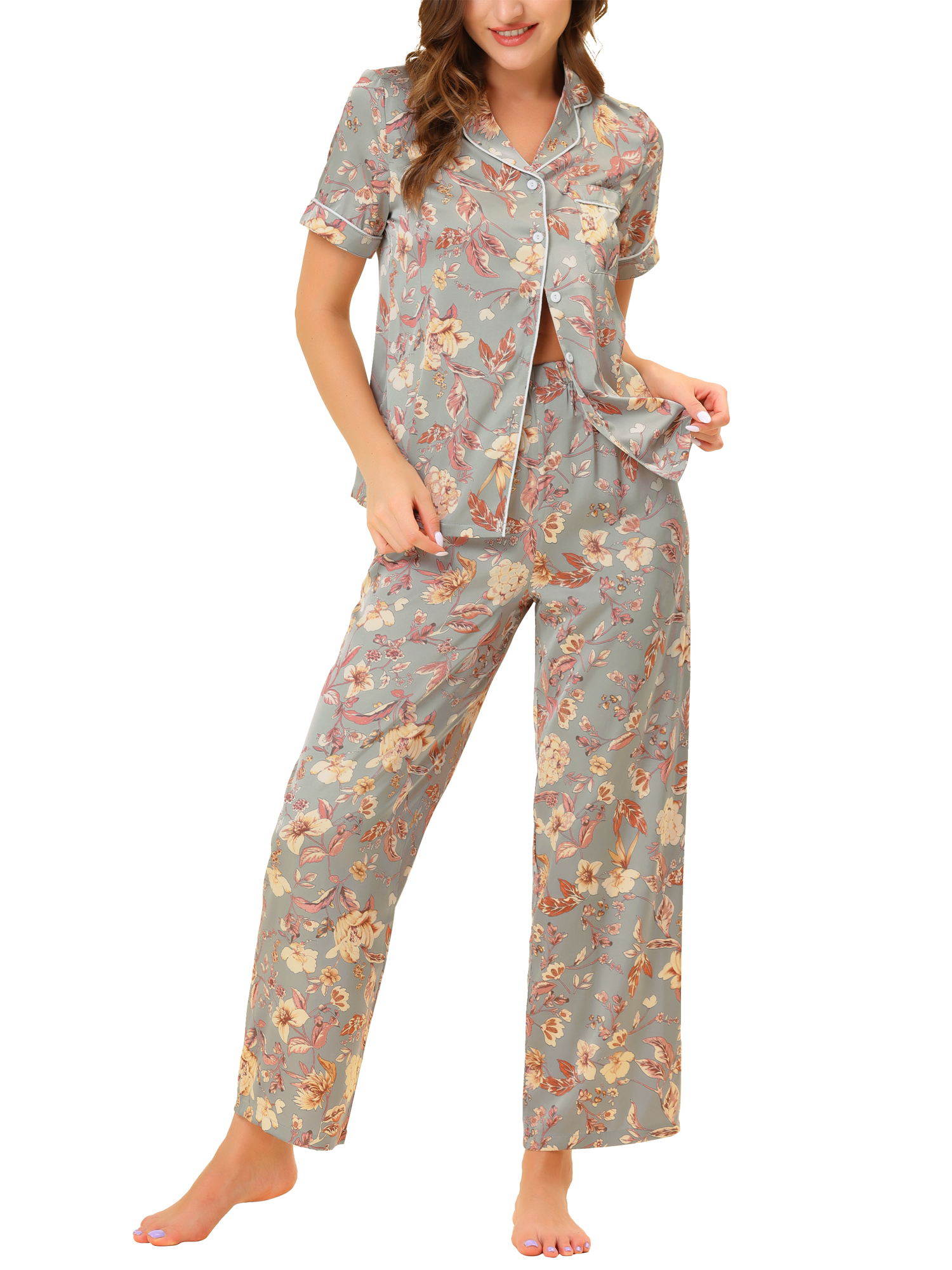 Unique Bargains women's Silk Pajama Set - Floral Satin Pants - Walmart.com