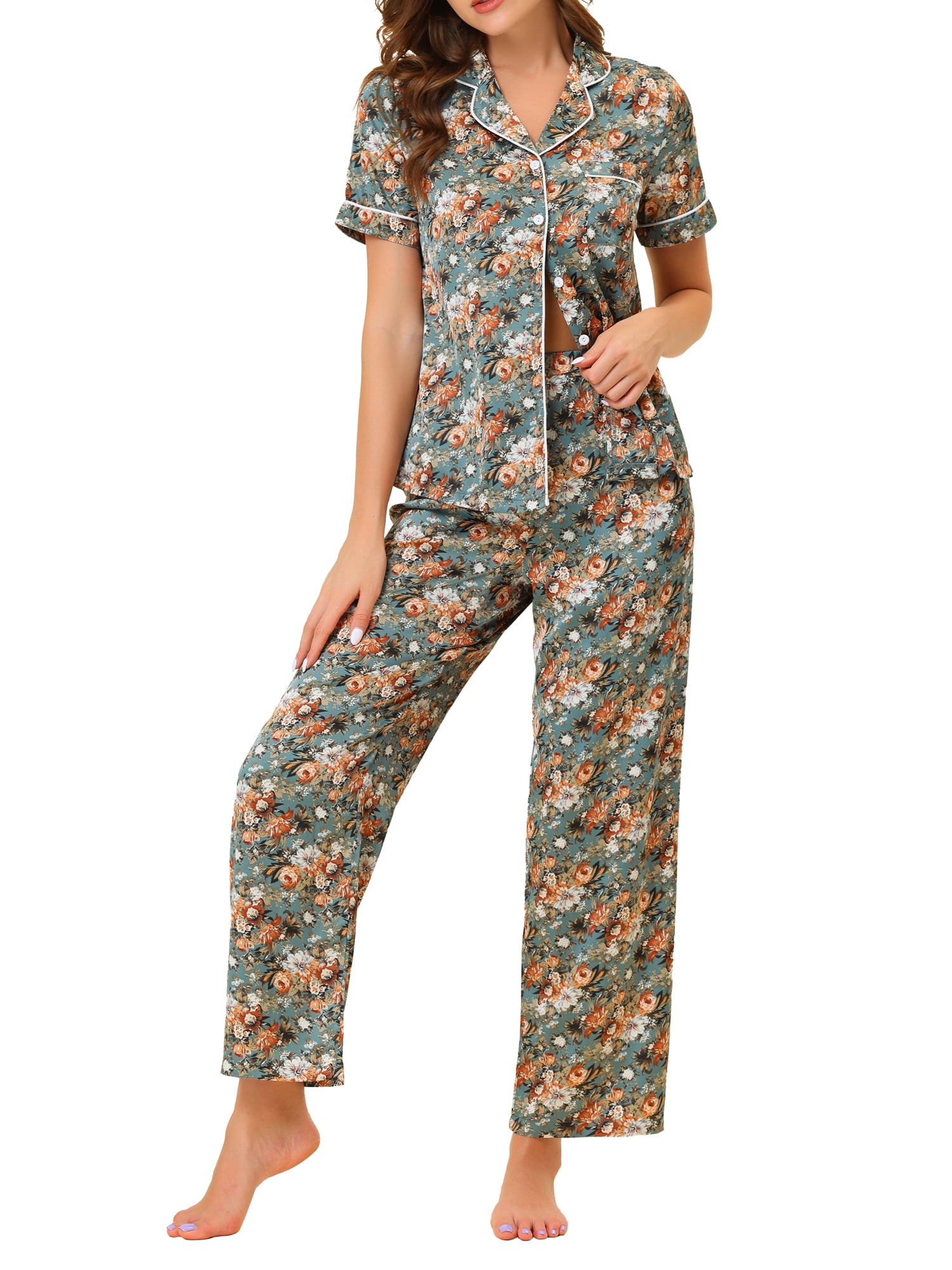 Unique Bargains Women's Pajama Set Silk Short Sleeves and Pants Floral ...