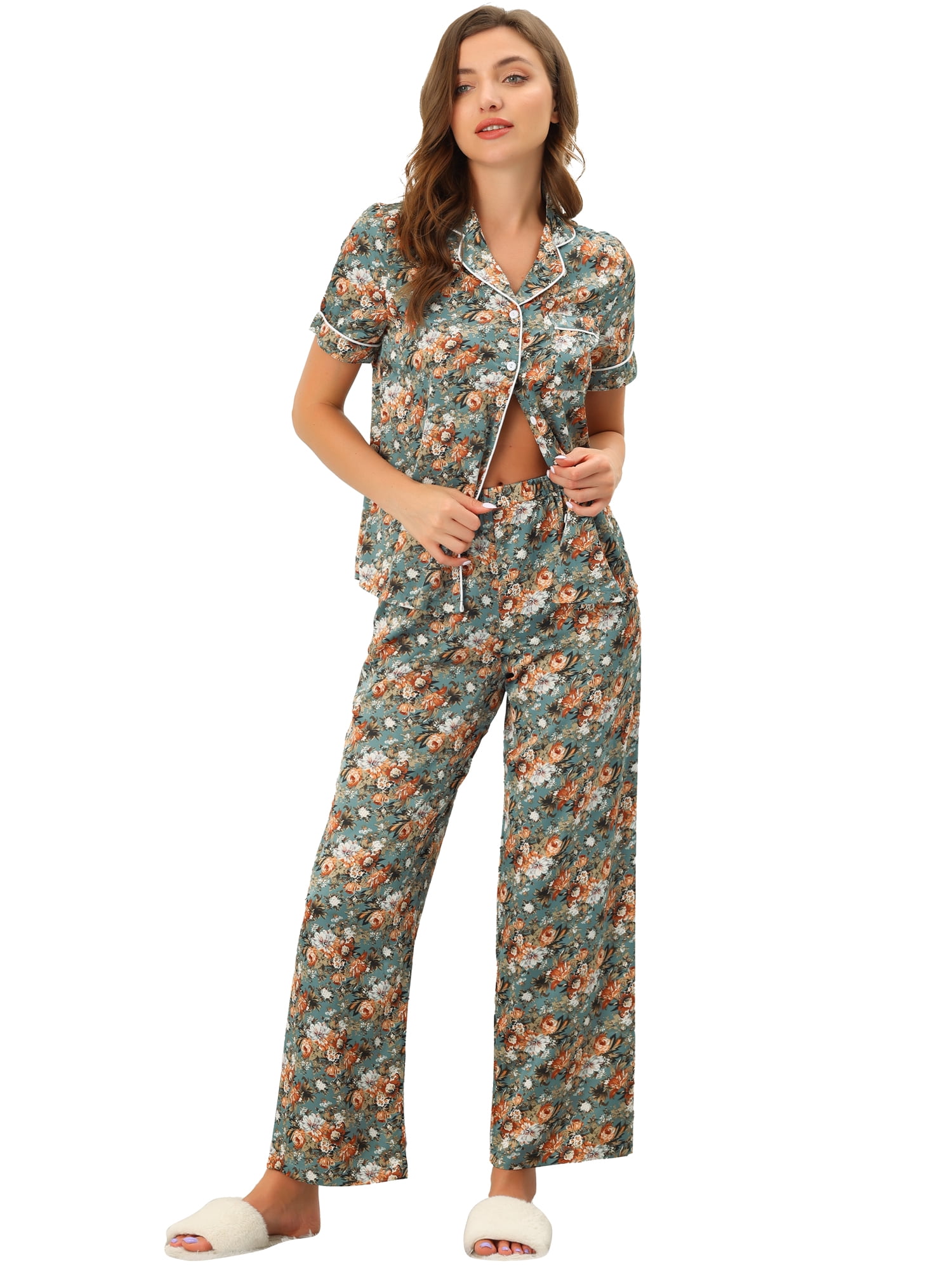 Unique Bargains Women's Pajama Set Silk Short Sleeves and Pants Floral ...