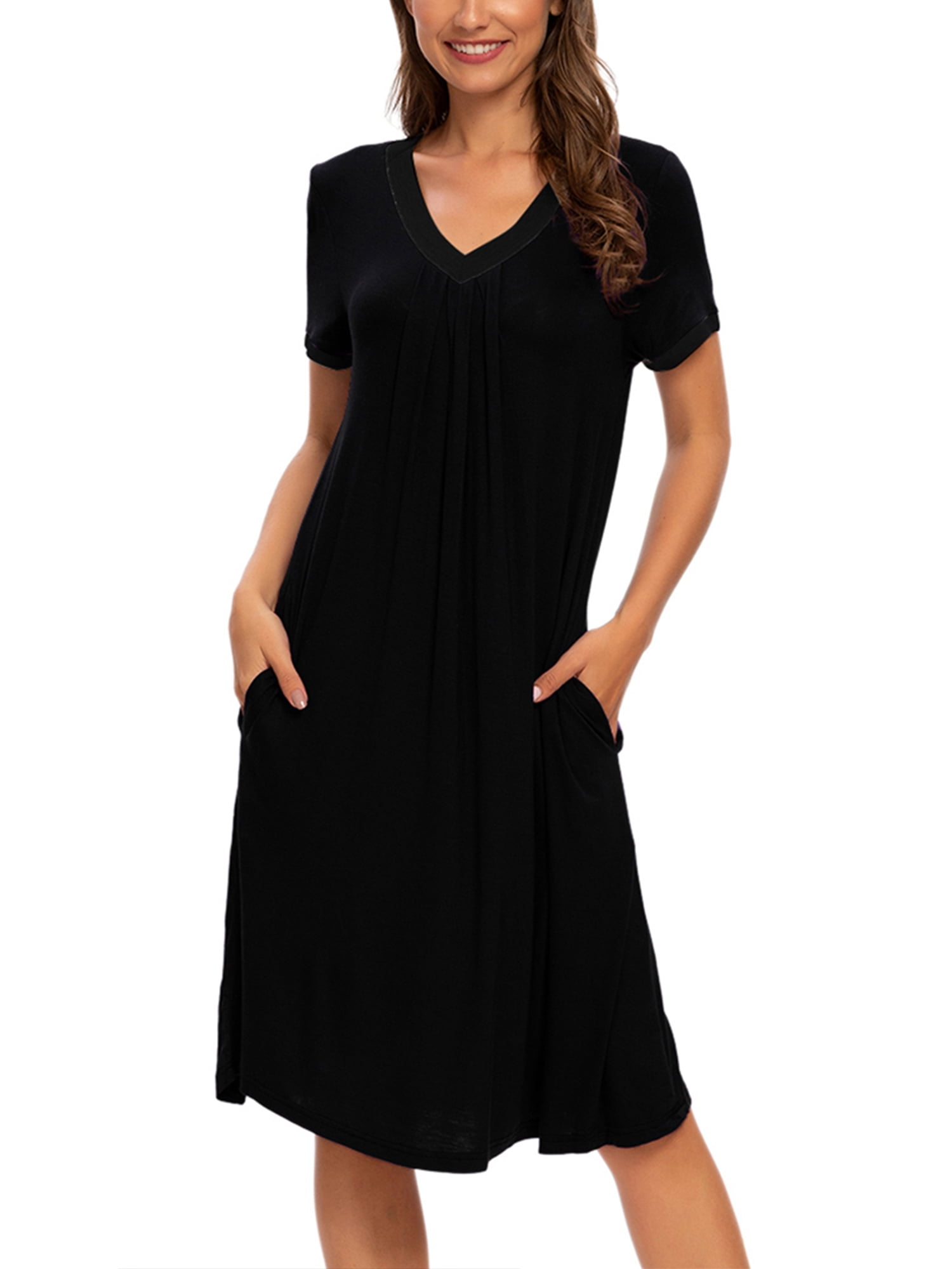 Unique Bargains Women's V-Neck Nightgown with Pockets, Stretchy ...