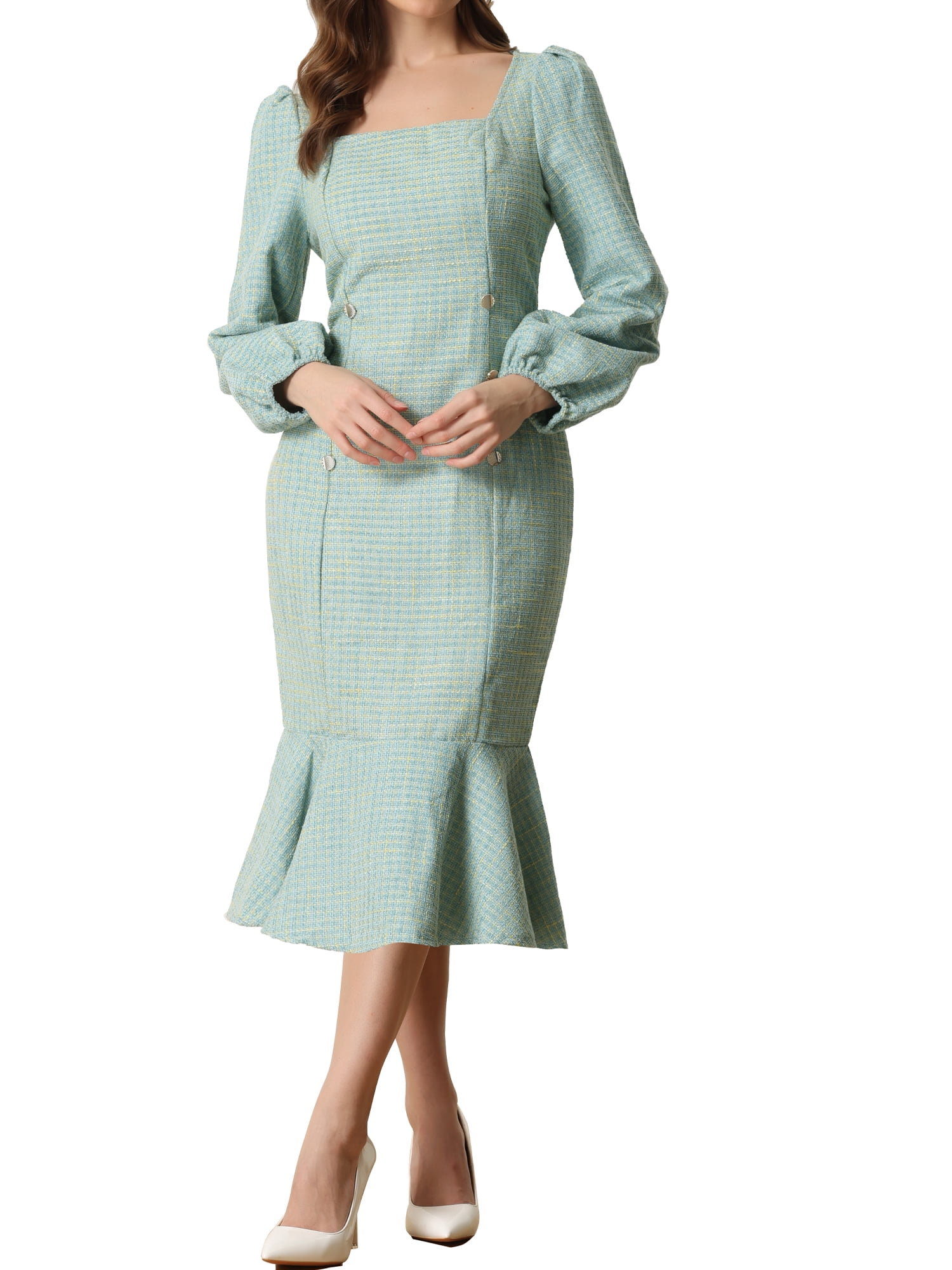 Unique Bargains Women's Plaid Lantern Sleeve Ruffle Trim Bodycon ...