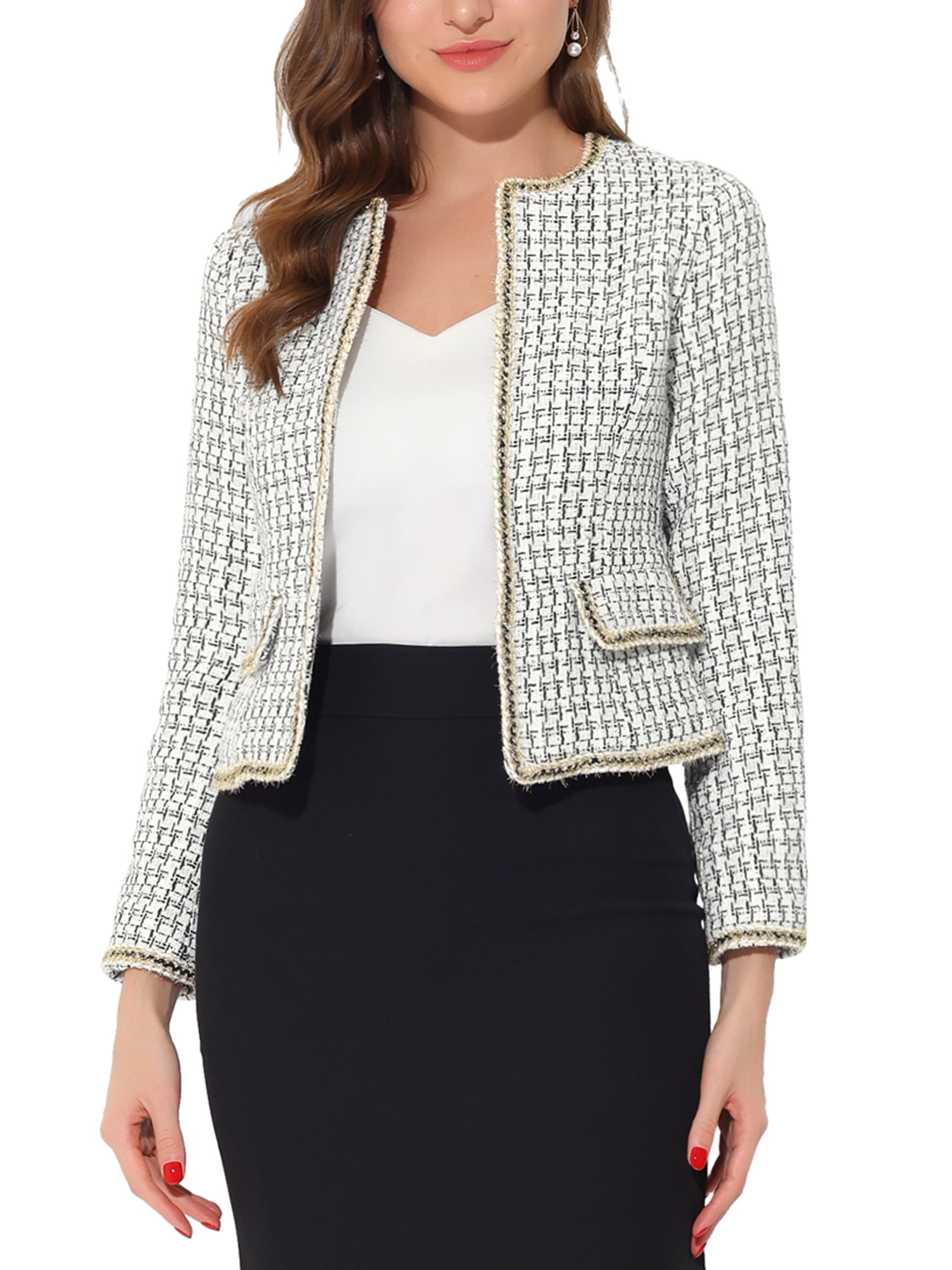 Unique Bargains Women's Plaid Tweed Blazer Long Sleeve Open Front Work ...